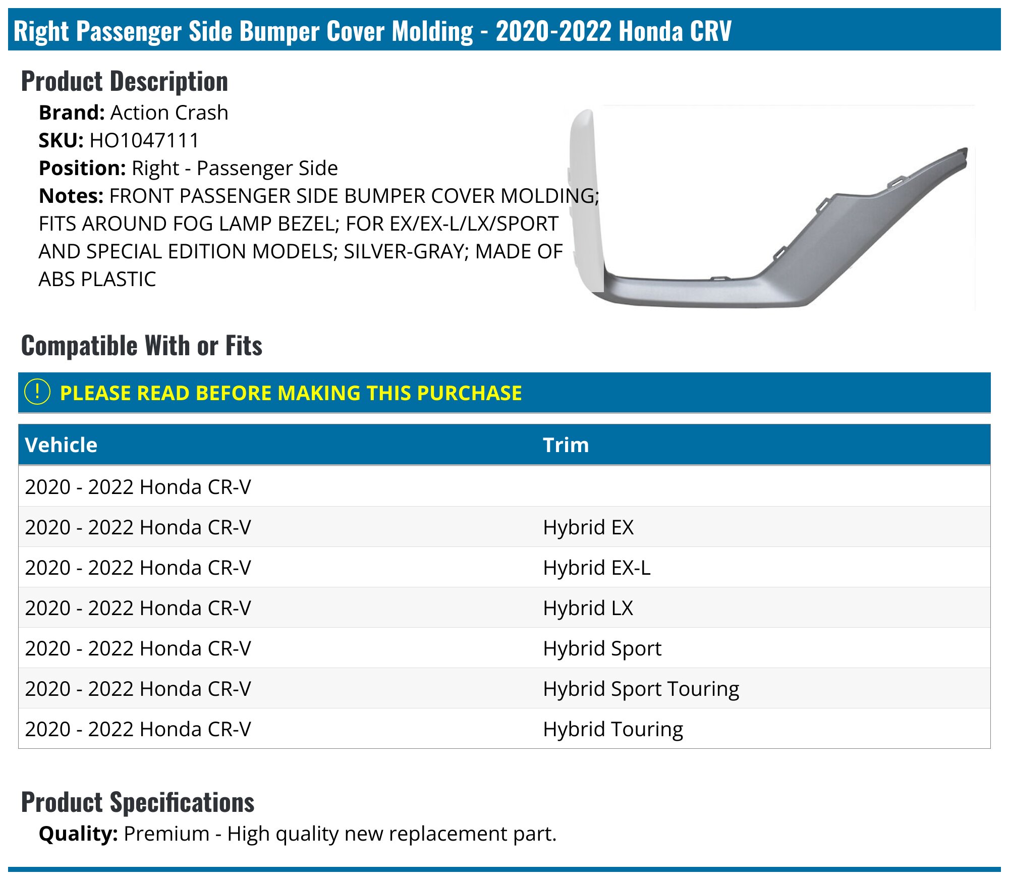 2020-2022 Honda CRV Bumper Cover Molding - Action Crash HO1047111 ...