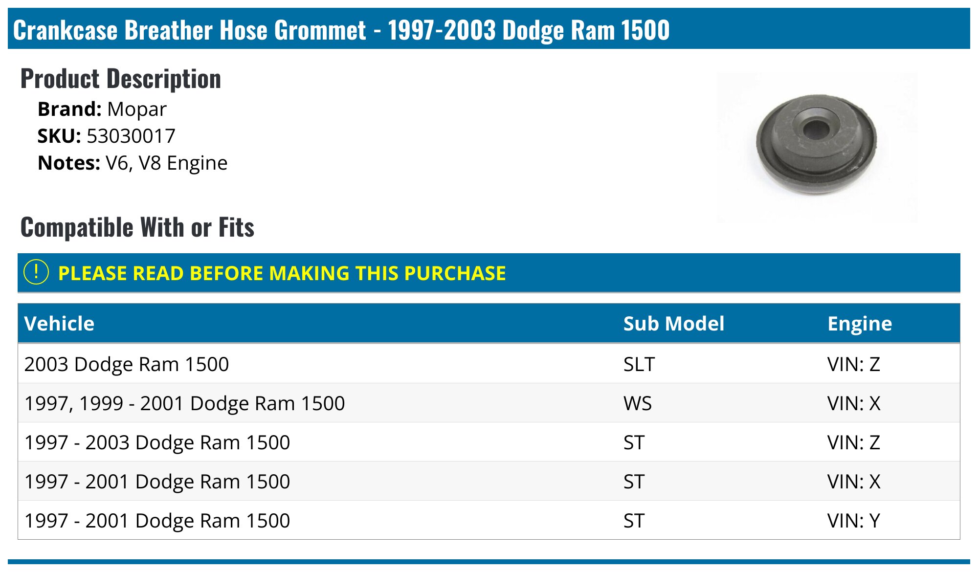 1997-2003 Dodge Ram 1500 Crankcase Breather Hose Grommet - Mopar ...