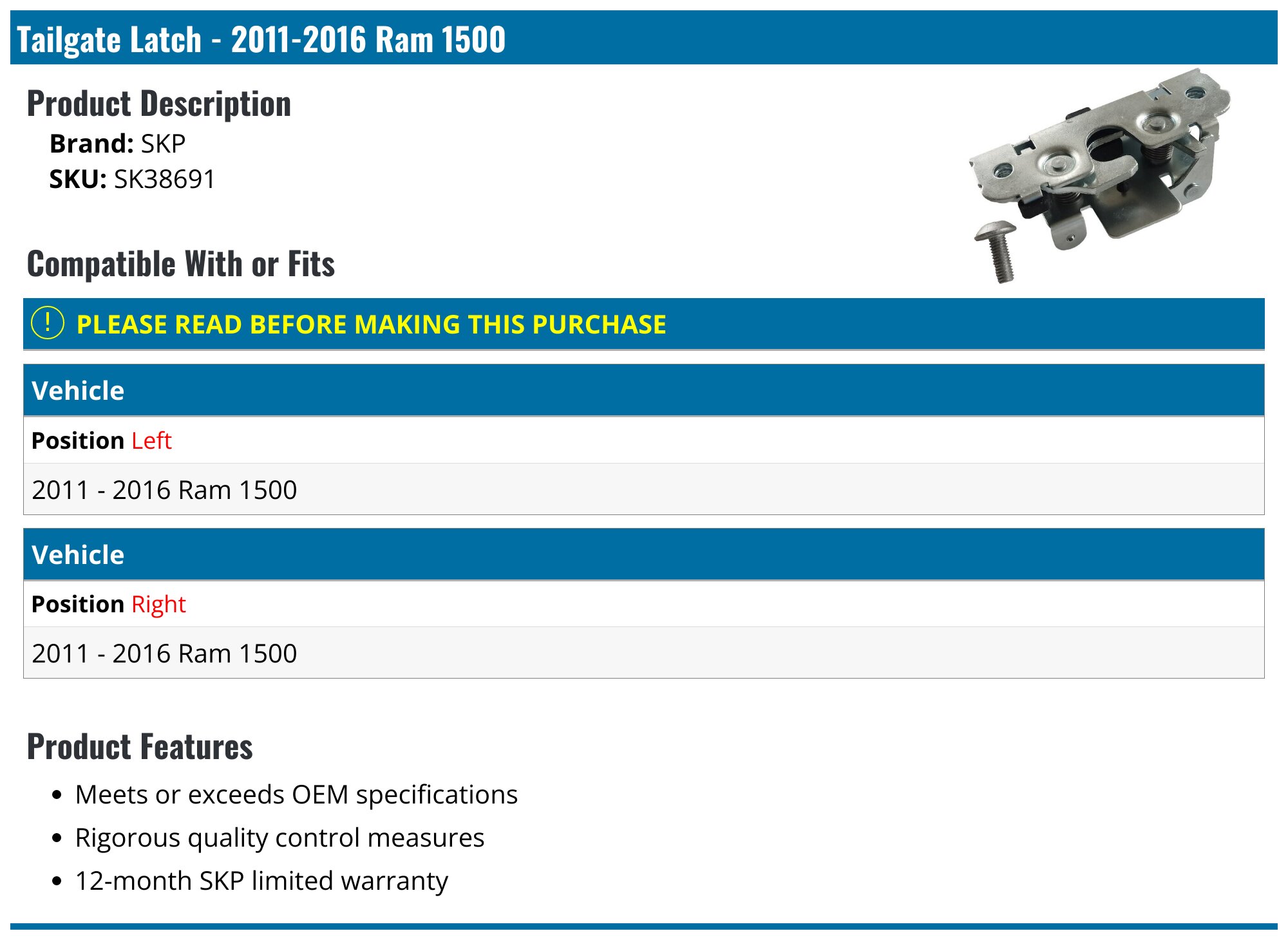 2011-2016 Ram 1500 Tailgate Latch - SKP SK38691 - Left - PartsGeek.com