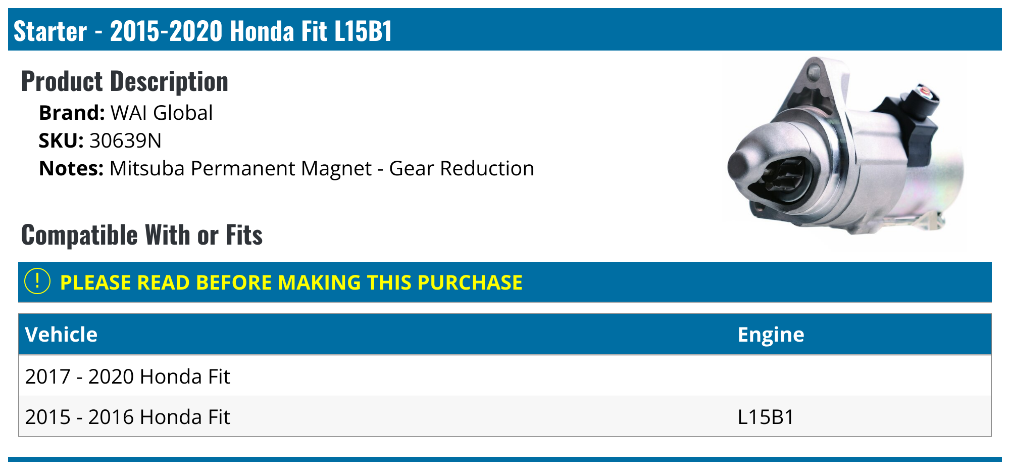 2015-2020 Honda Fit Starter - WAI Global 30639N - PartsGeek.com