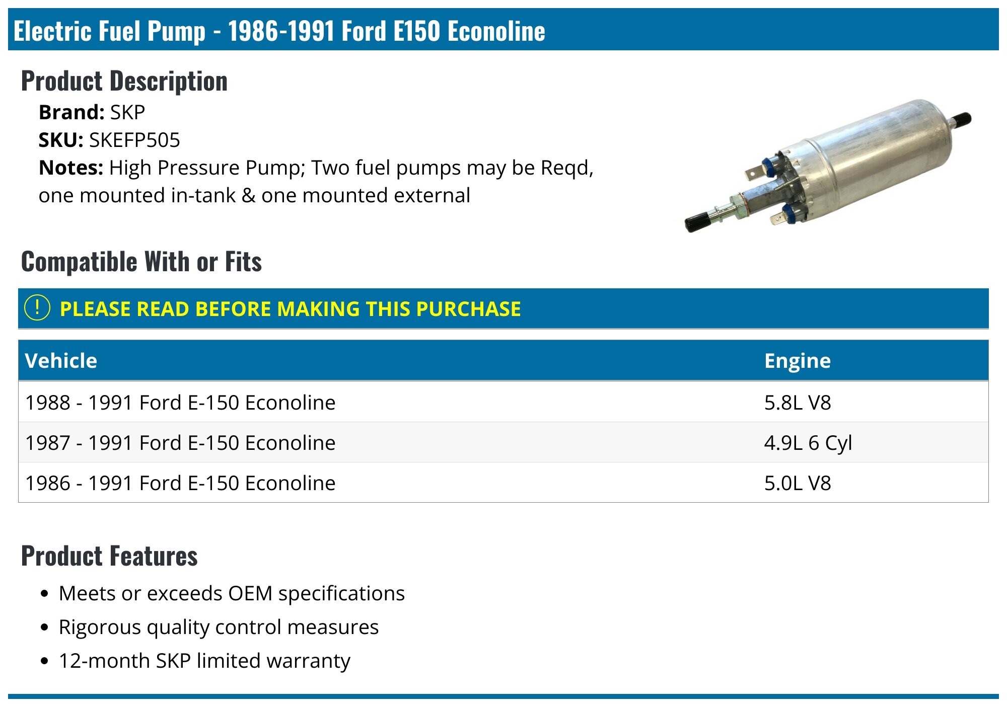 1986-1991 Ford E150 Econoline Fuel Pump - SKP SKEFP505 - PartsGeek.com