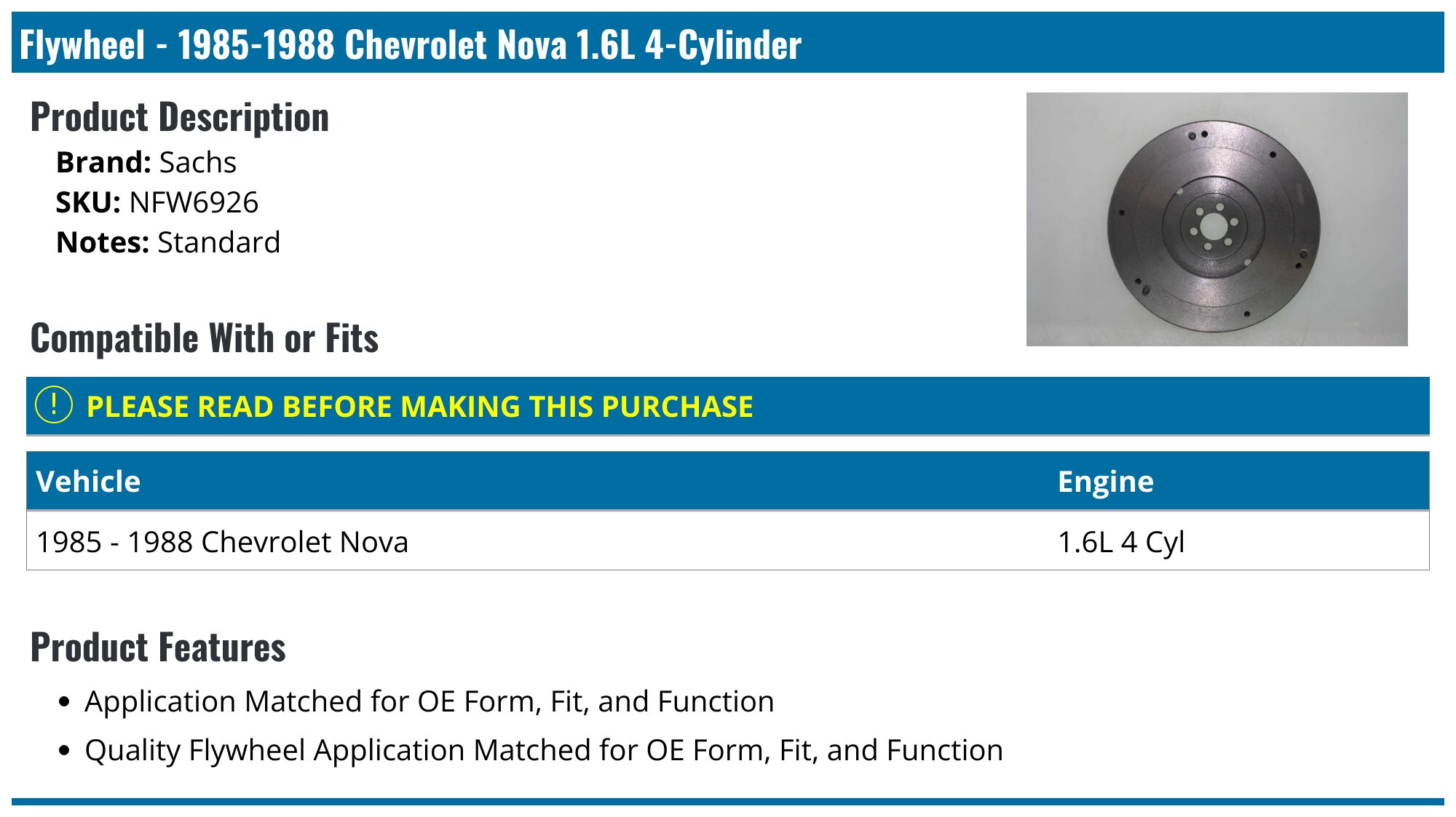 1985-1988 Chevrolet Nova Flywheel - Sachs NFW6926 - PartsGeek.com