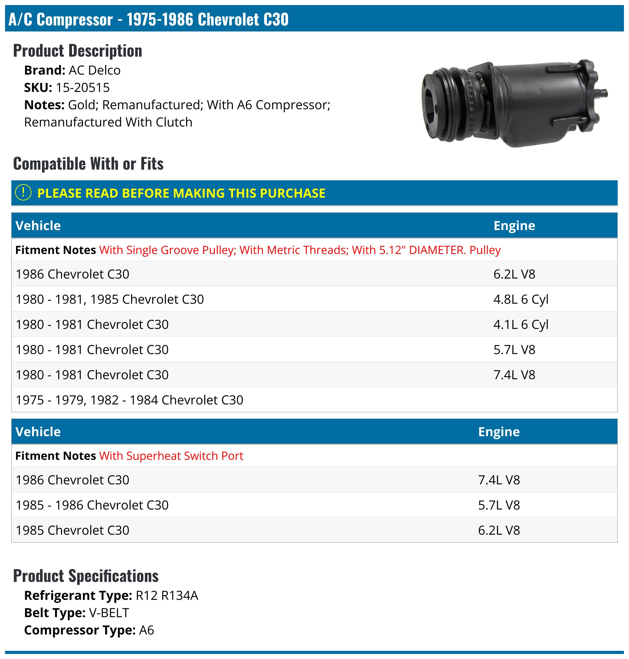 1975-1986 Chevrolet C30 A/C Compressor - AC Delco 15-20515 - PartsGeek.com