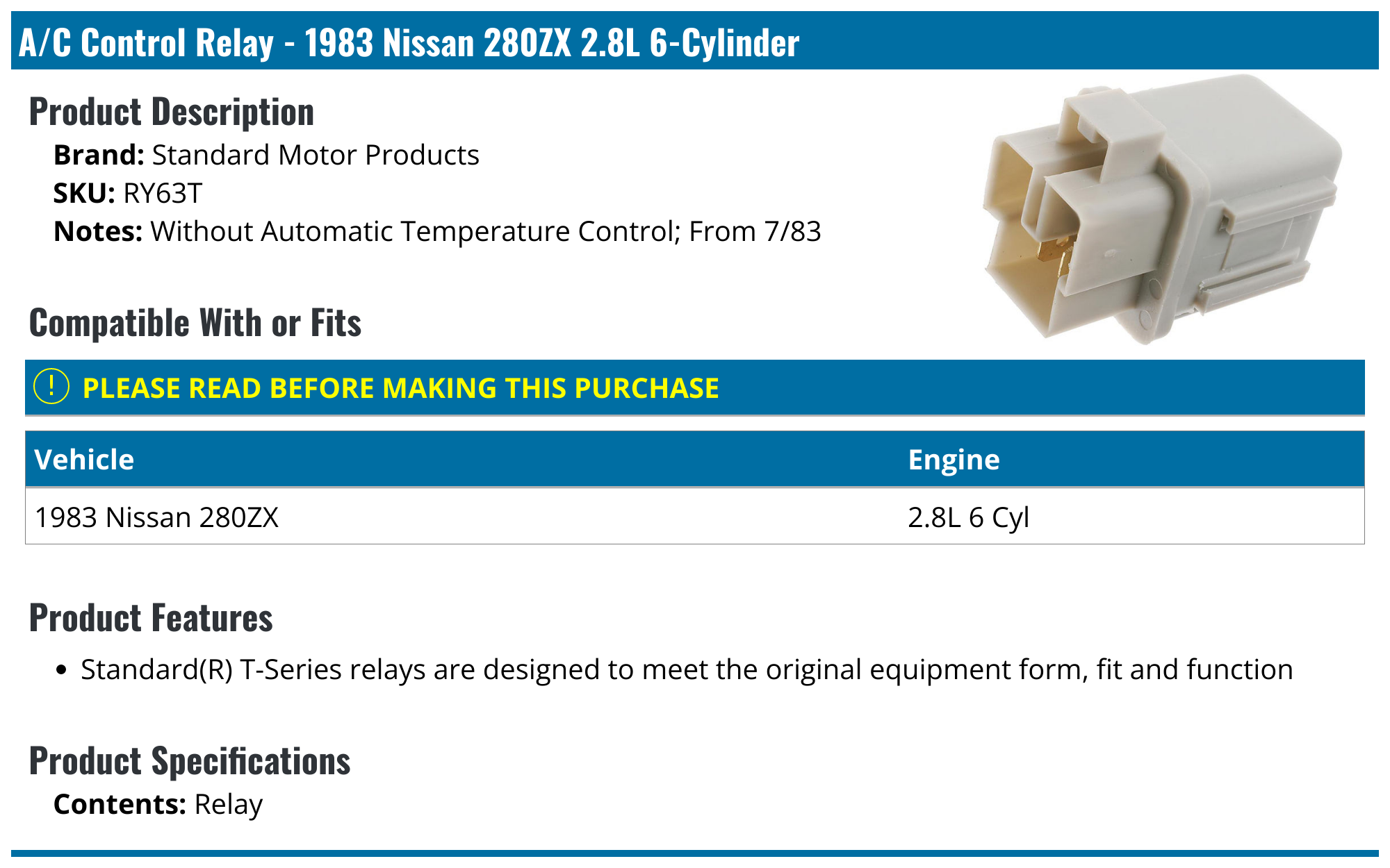 1983 Nissan 280ZX A/C Control Relay - Standard Motor Products RY63T ...