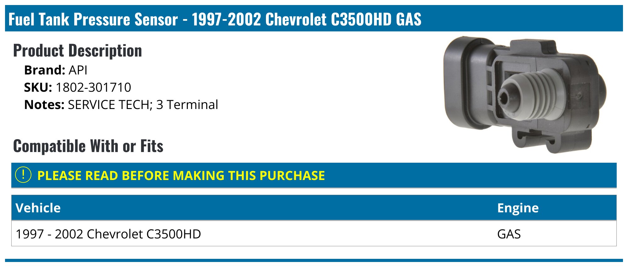 1997-2002 Chevrolet C3500HD Fuel Tank Pressure Sensor - API 128056 ...