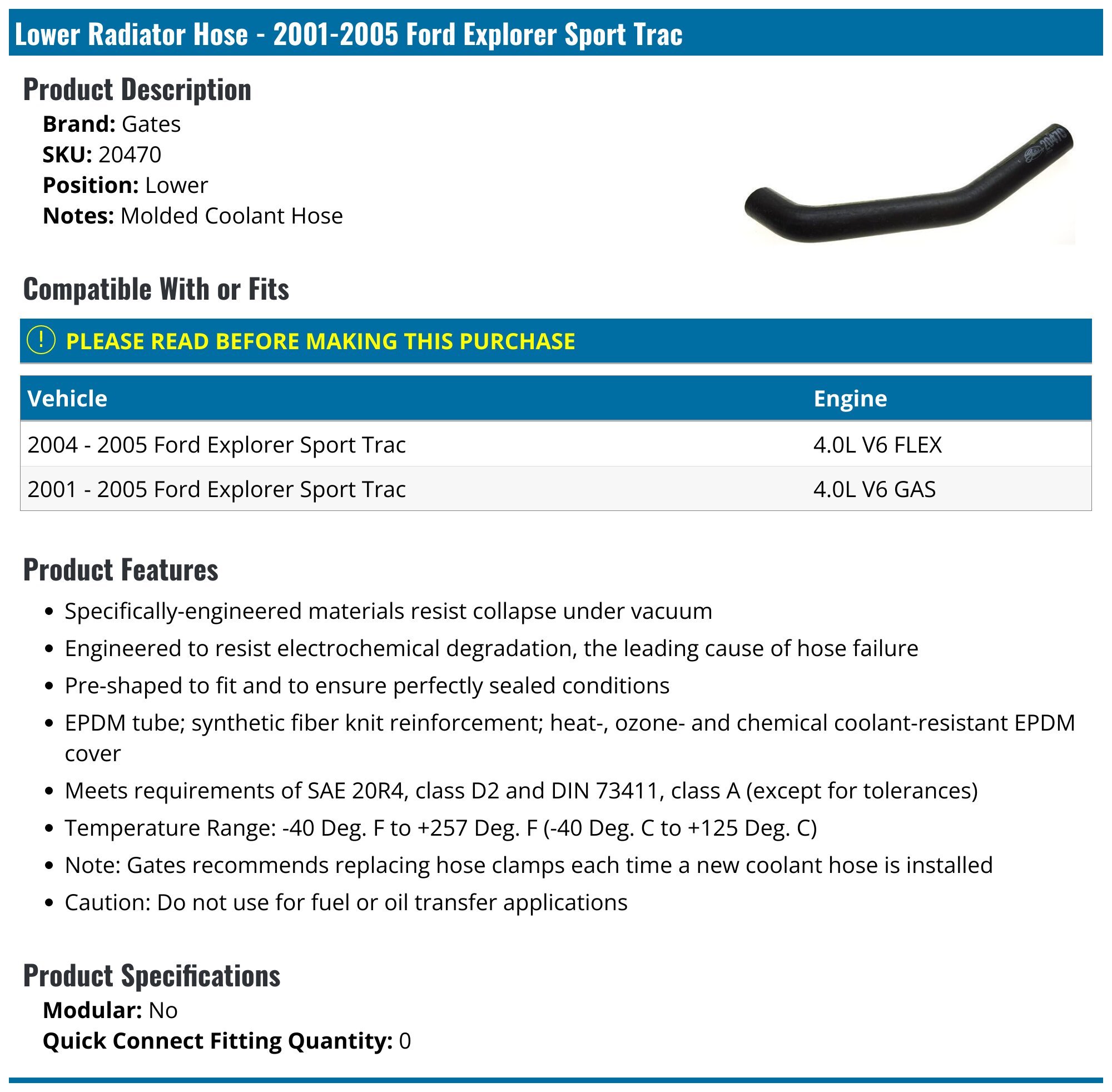 2001-2005 Ford Explorer Sport Trac Radiator Hose - Gates 20470 - Lower ...