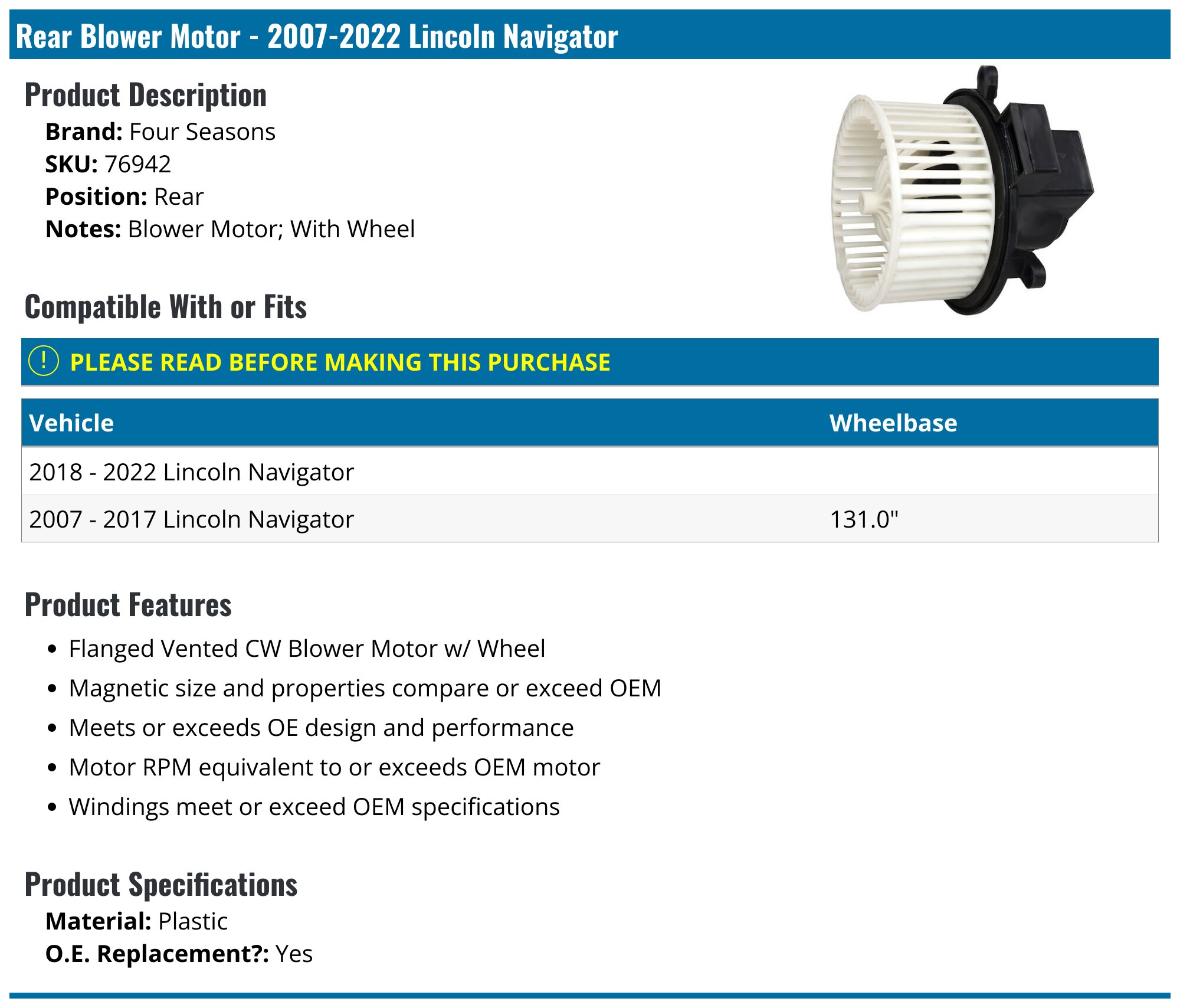 2007-2025 Lincoln Navigator Blower Motor - Four Seasons 76942 - Rear ...
