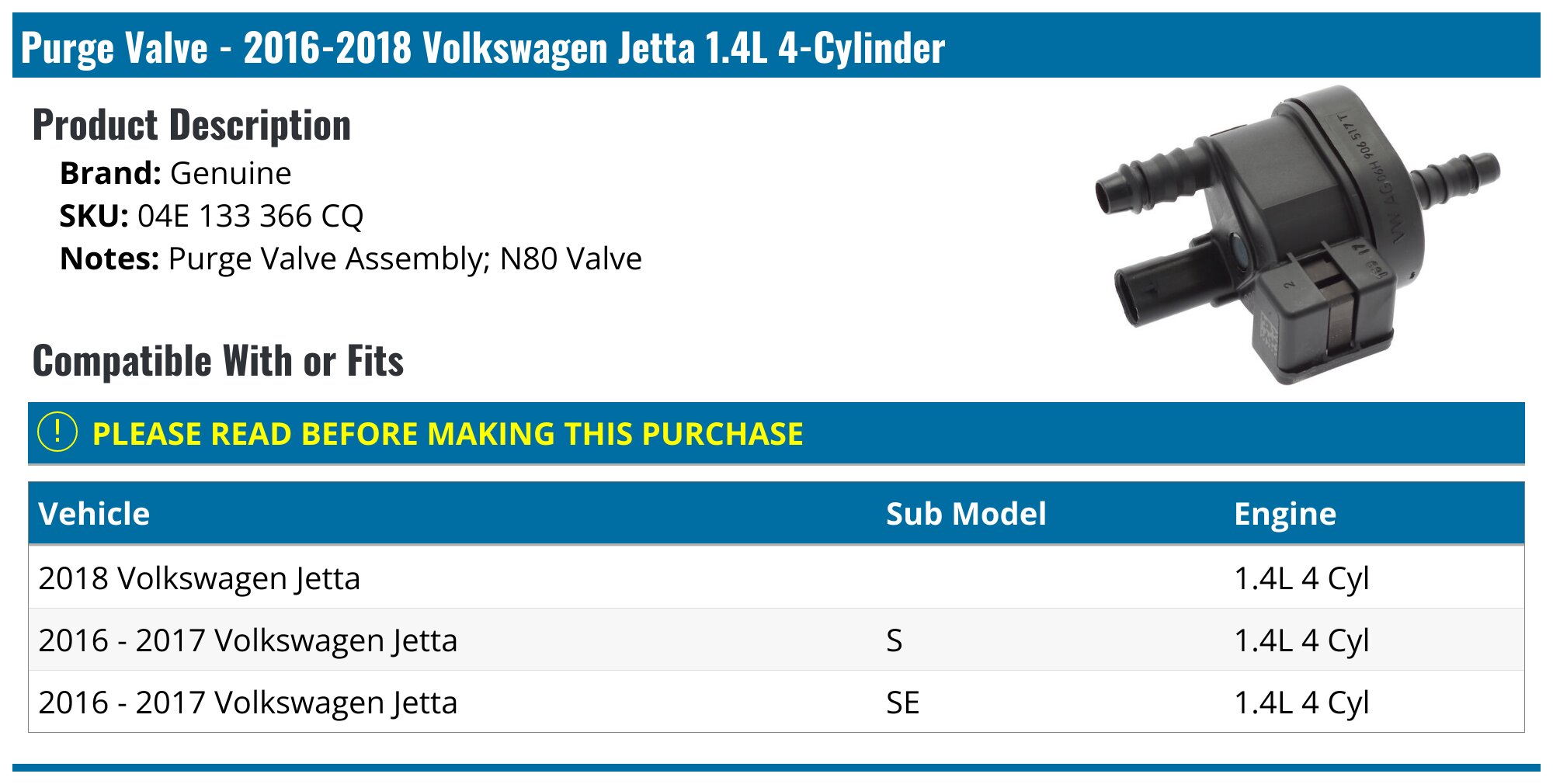 2016-2018 Volkswagen Jetta Purge Valve - Genuine 04E 133 366 CQ ...