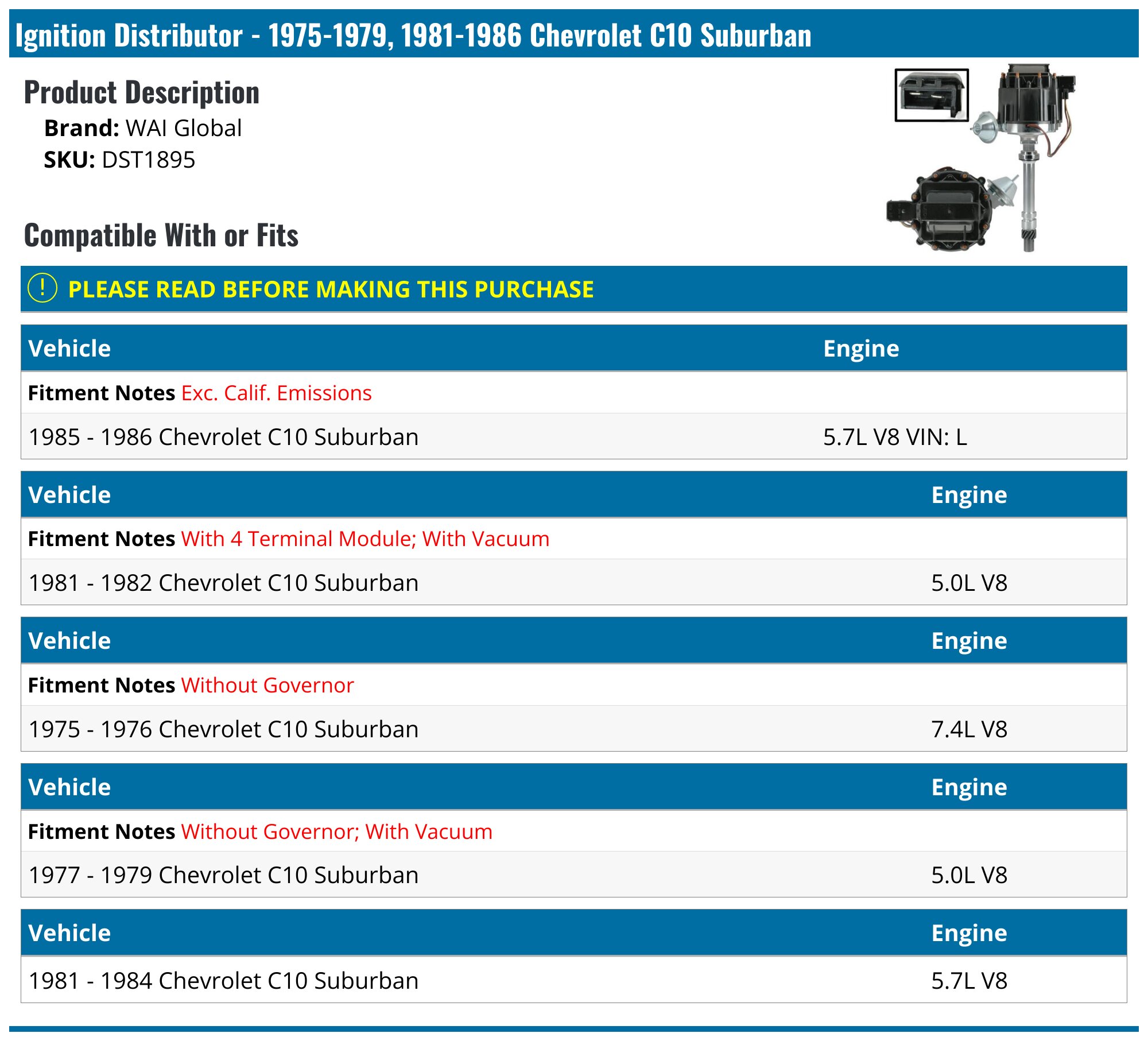 1975-1979, 1981-1986 Chevrolet C10 Suburban Ignition Distributor - WAI ...