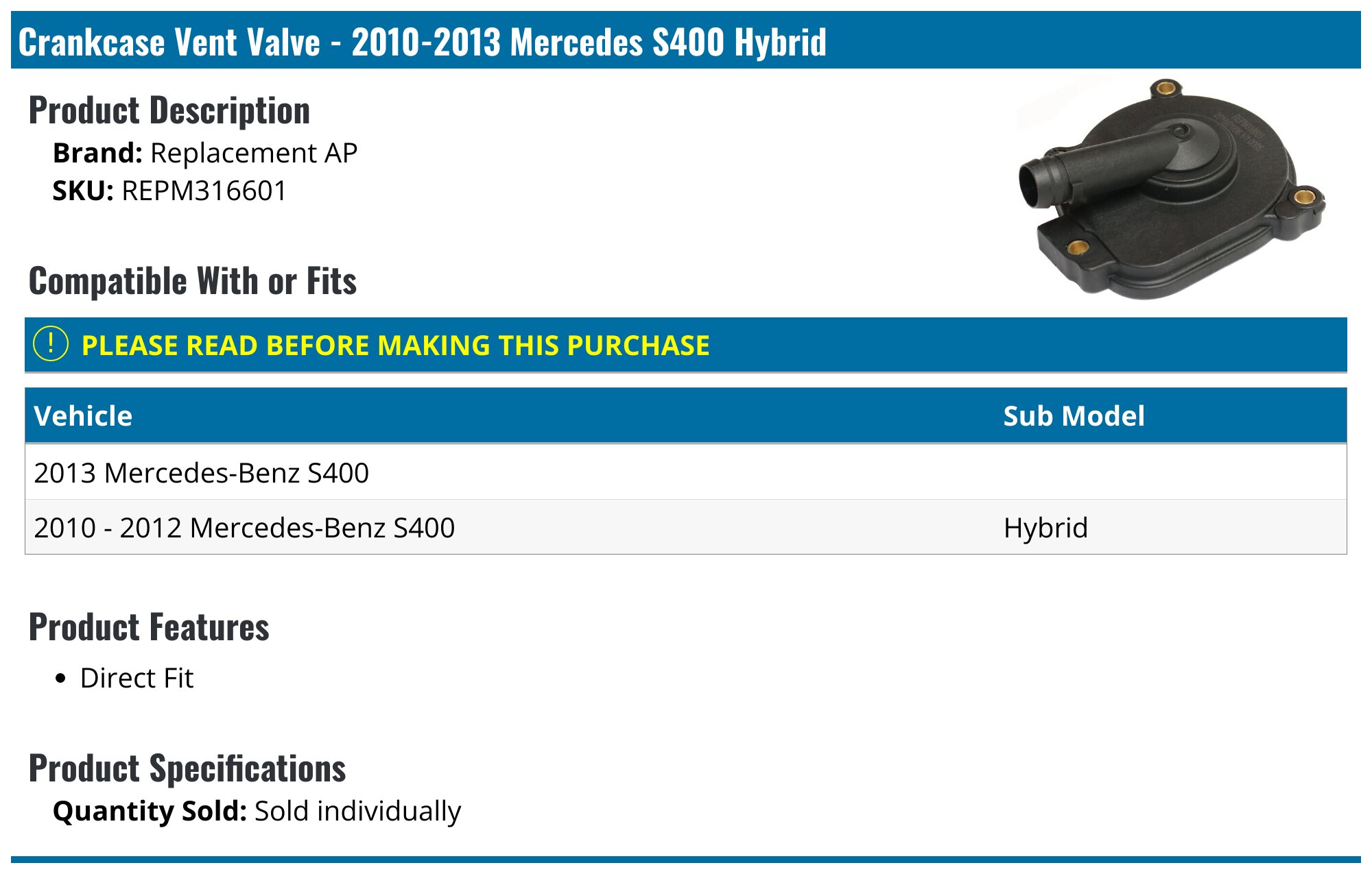 2011-2012 Mercedes S400 Crankcase Vent Valve - Replacement AP ...