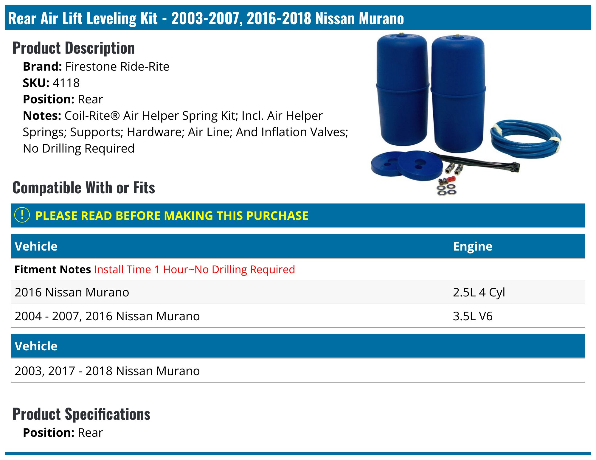 2003-2007, 2016-2018 Nissan Murano Air Lift Leveling Kit - Firestone ...