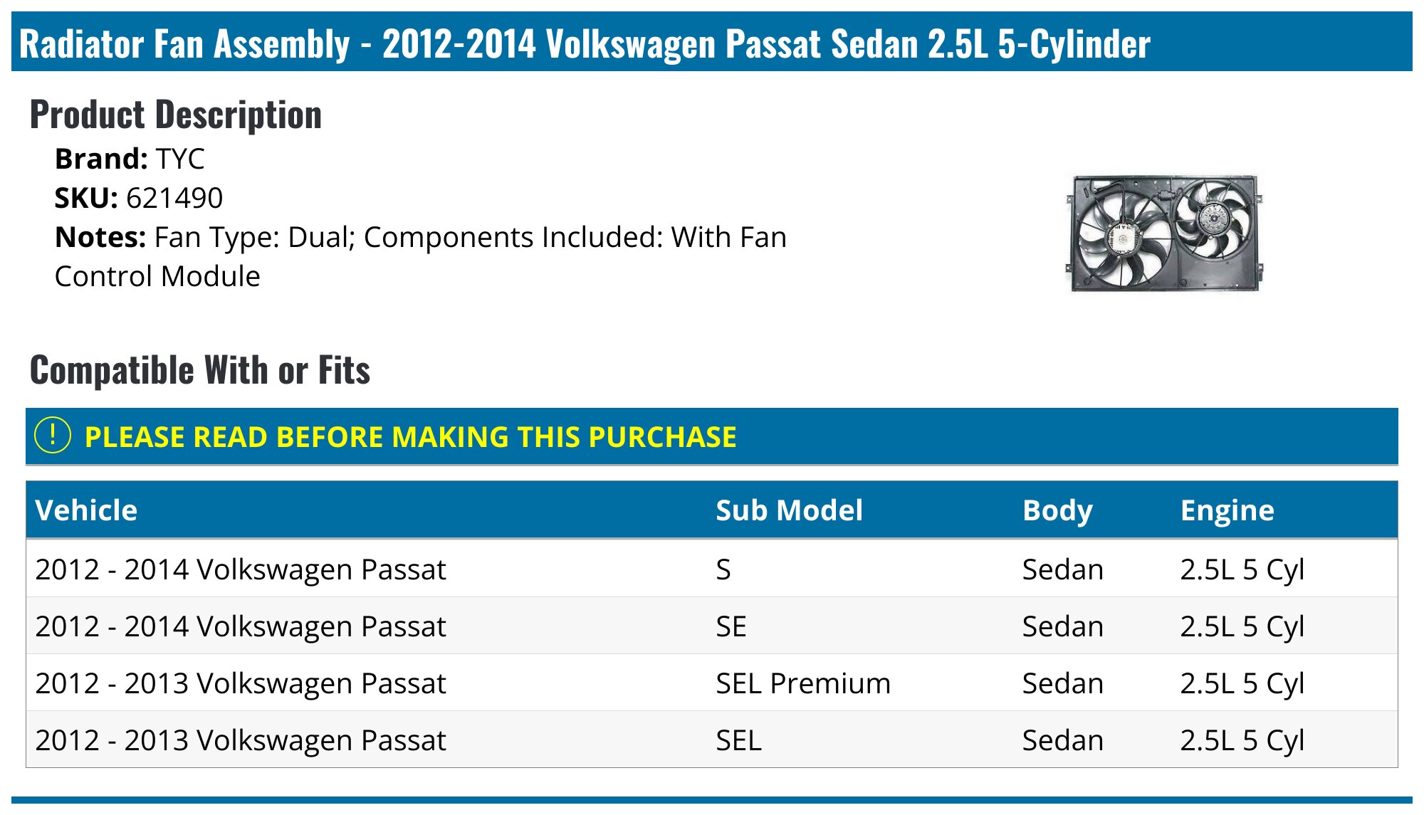 2012-2014 Volkswagen Passat Radiator Fan Assembly - TYC 621490 ...