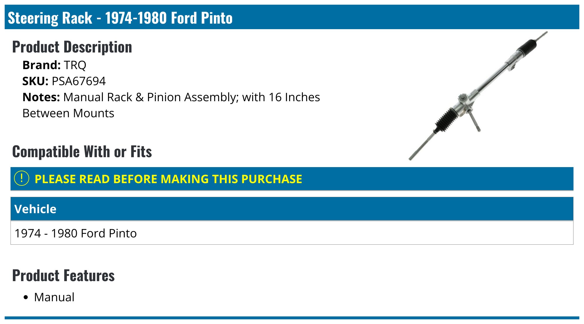 1974-1980 Ford Pinto Steering Rack - TRQ PSA67694 - PartsGeek.com