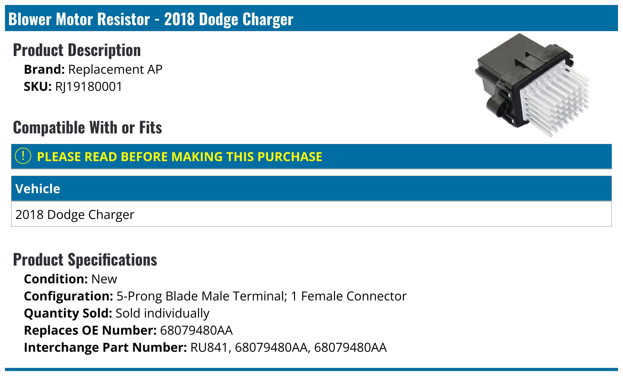 2018 Dodge Charger Blower Motor Resistor - Replacement AP RJ19180001 ...