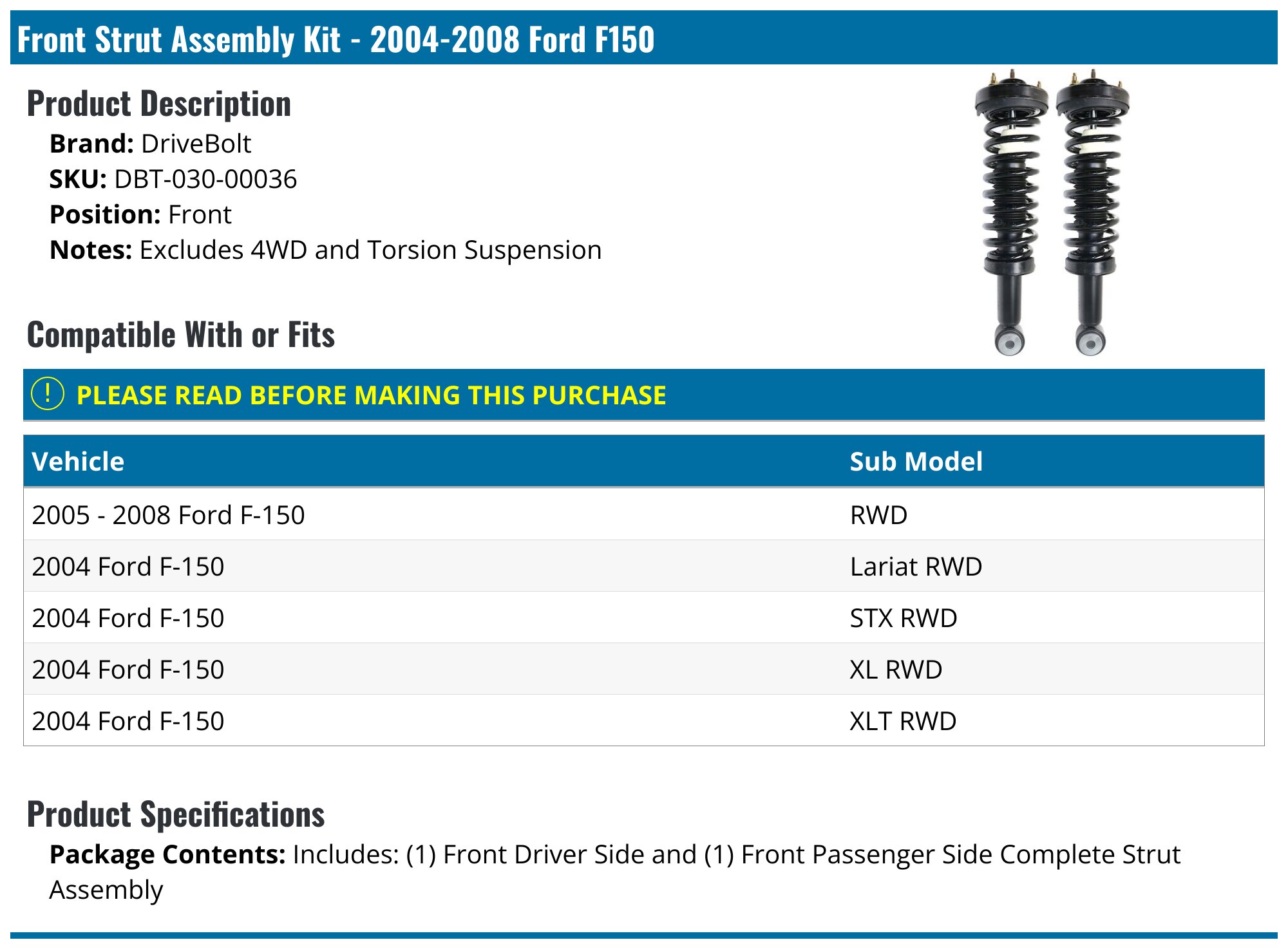 2004-2008 Ford F150 Strut Assembly - DriveBolt DBT-030-00036 - Front ...