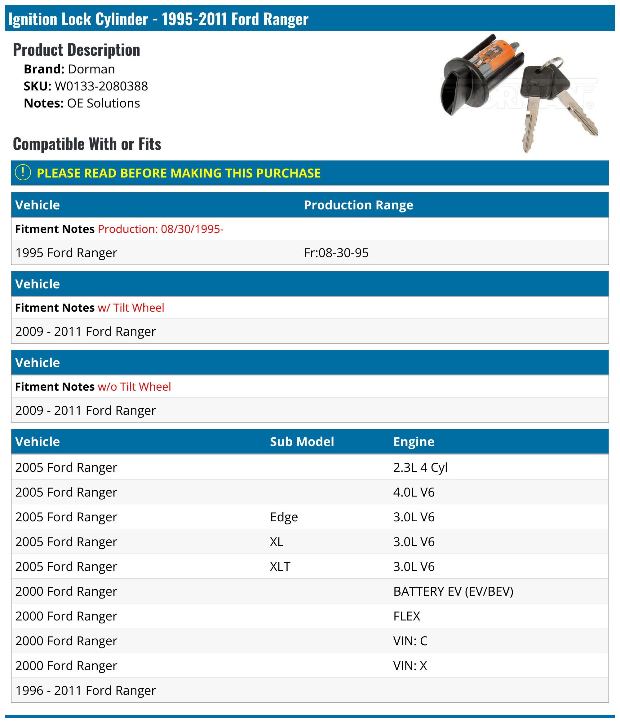 1995-2011 Ford Ranger Ignition Lock Cylinder - Dorman W0133-2080388 ...