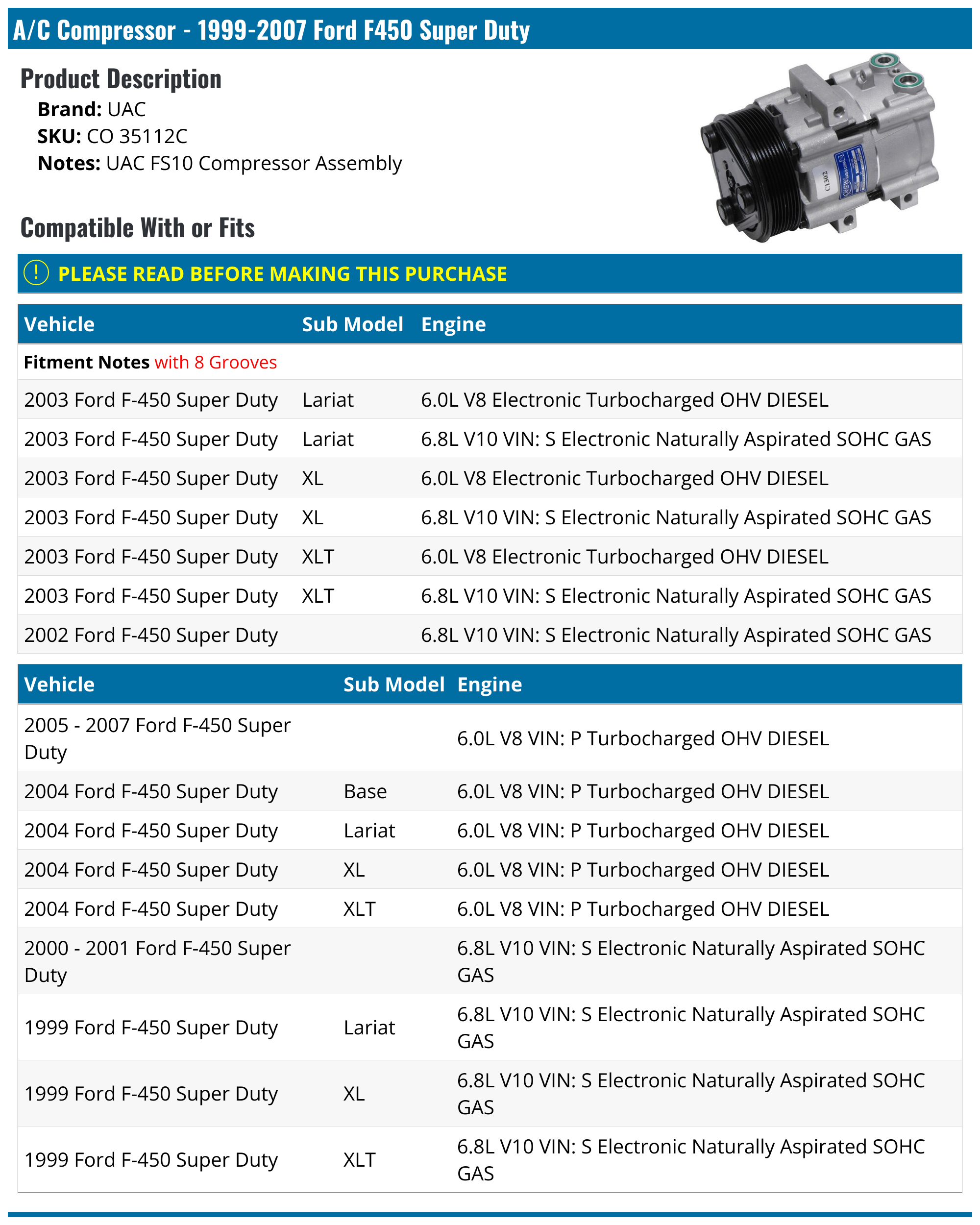 1999-2007, 2020, 2022-2024 Ford F450 Super Duty A/C Compressor - UAC CO ...