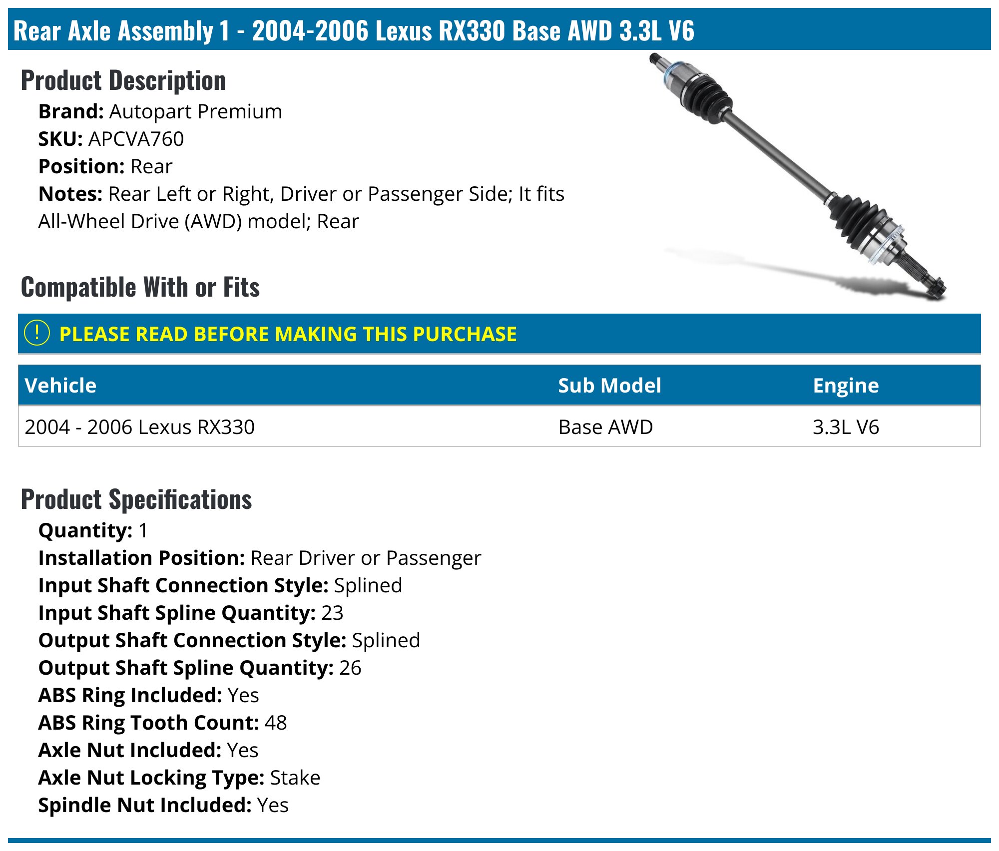 2004-2006 Lexus RX330 Axle Assembly - Autopart Premium APCVA760 - Rear ...