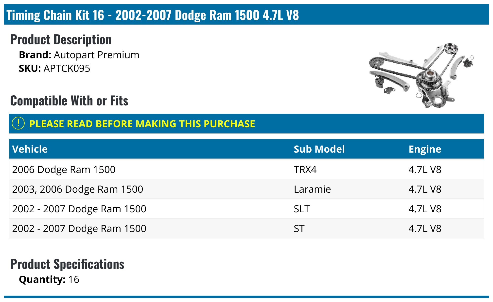 2002-2007 Dodge Ram 1500 Timing Chain - Autopart Premium APTCK095 ...