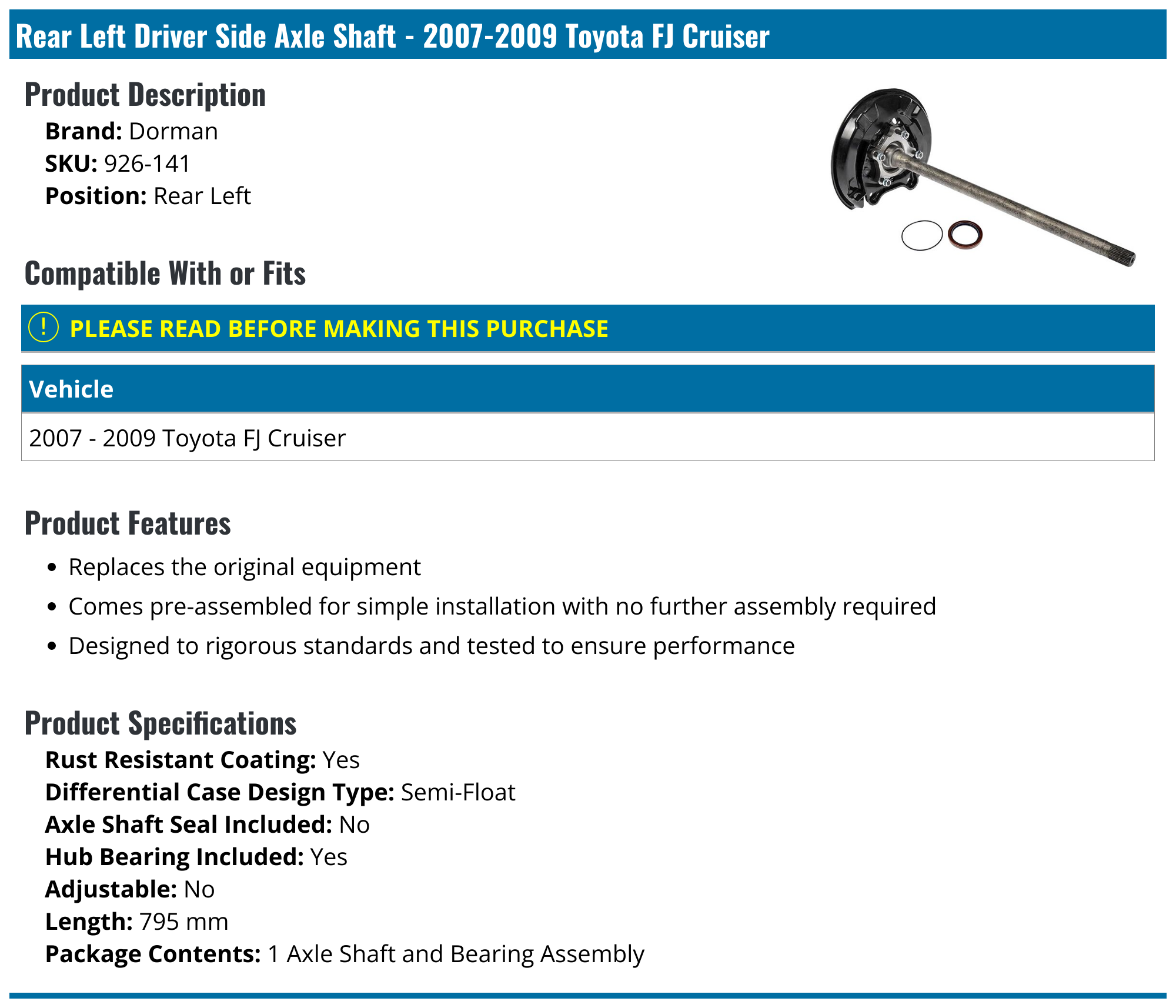 2007-2009 Toyota FJ Cruiser Axle Shaft - Dorman 926-141 - Rear Left ...