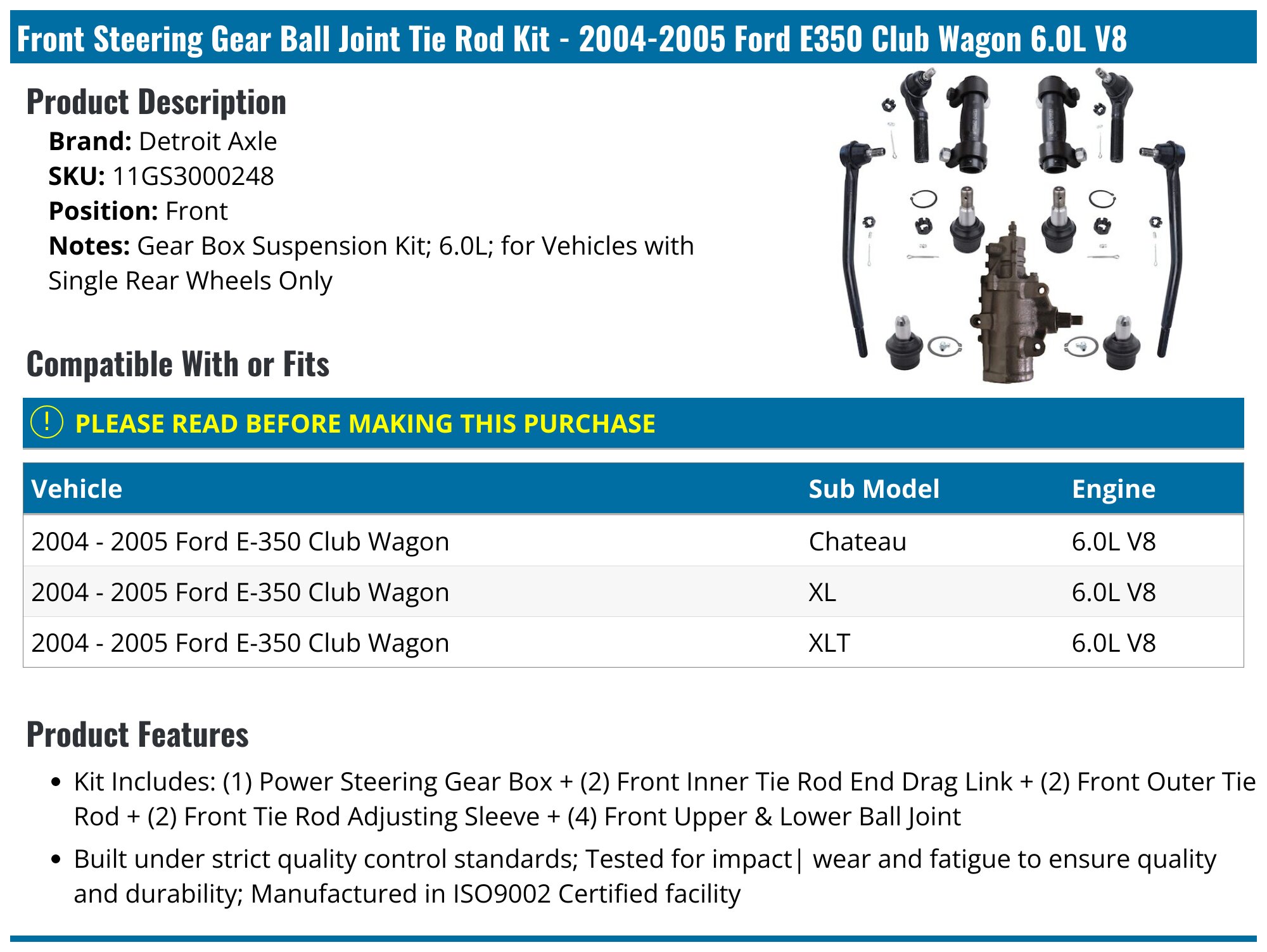 2004-2005 Ford E350 Club Wagon Steering Gear Ball Joint Tie Rod Kit ...