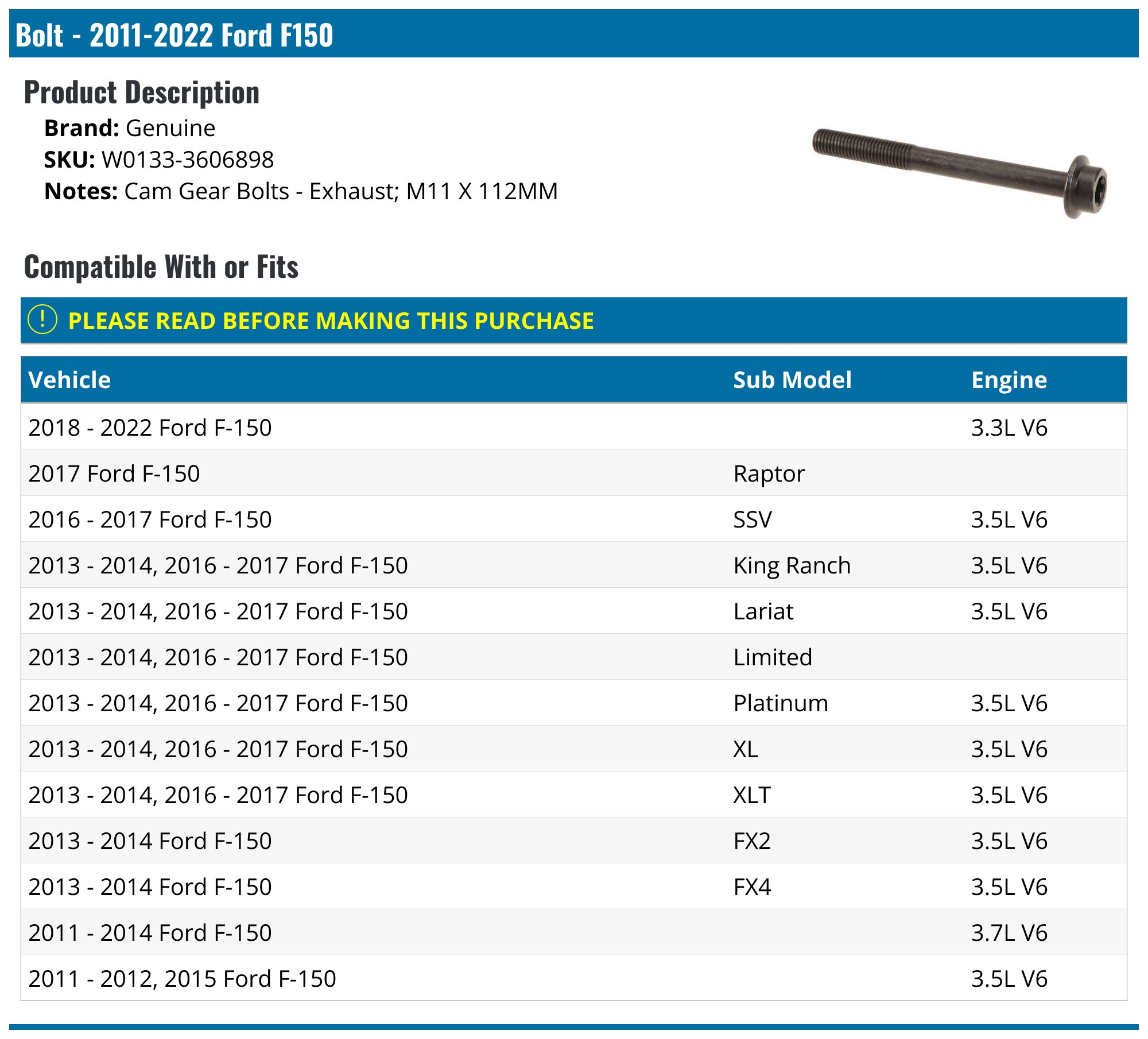 2011-2022 Ford F150 Bolt - Genuine W0133-3606898 - PartsGeek.com