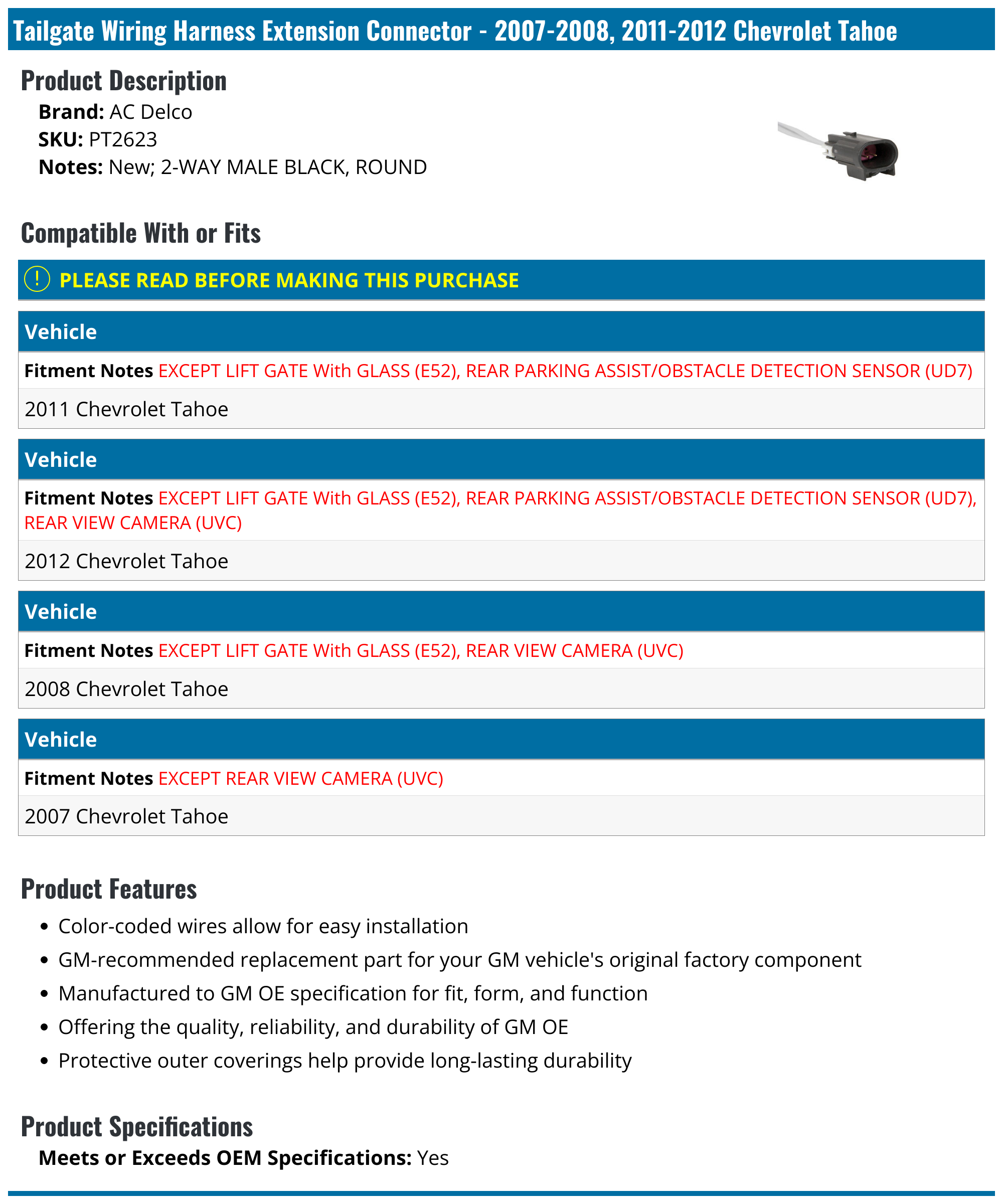 2007-2008, 2011-2012 Chevrolet Tahoe Tailgate Wiring Harness Extension ...