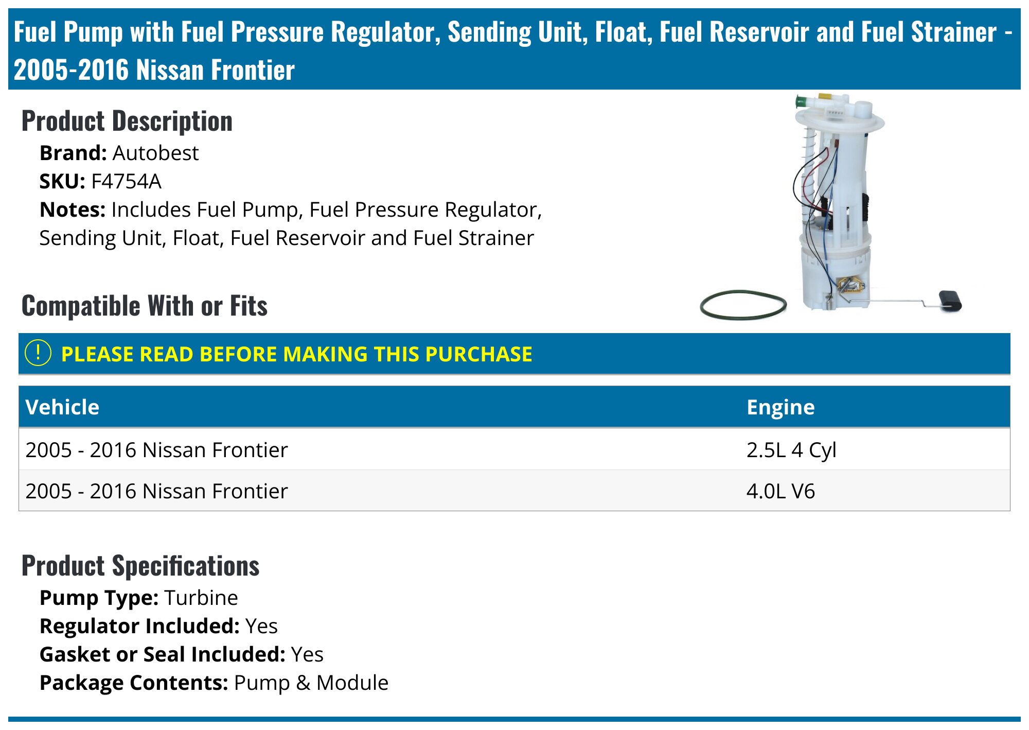 2005-2019 Nissan Frontier Fuel Pump - Autobest F4754A - PartsGeek.com
