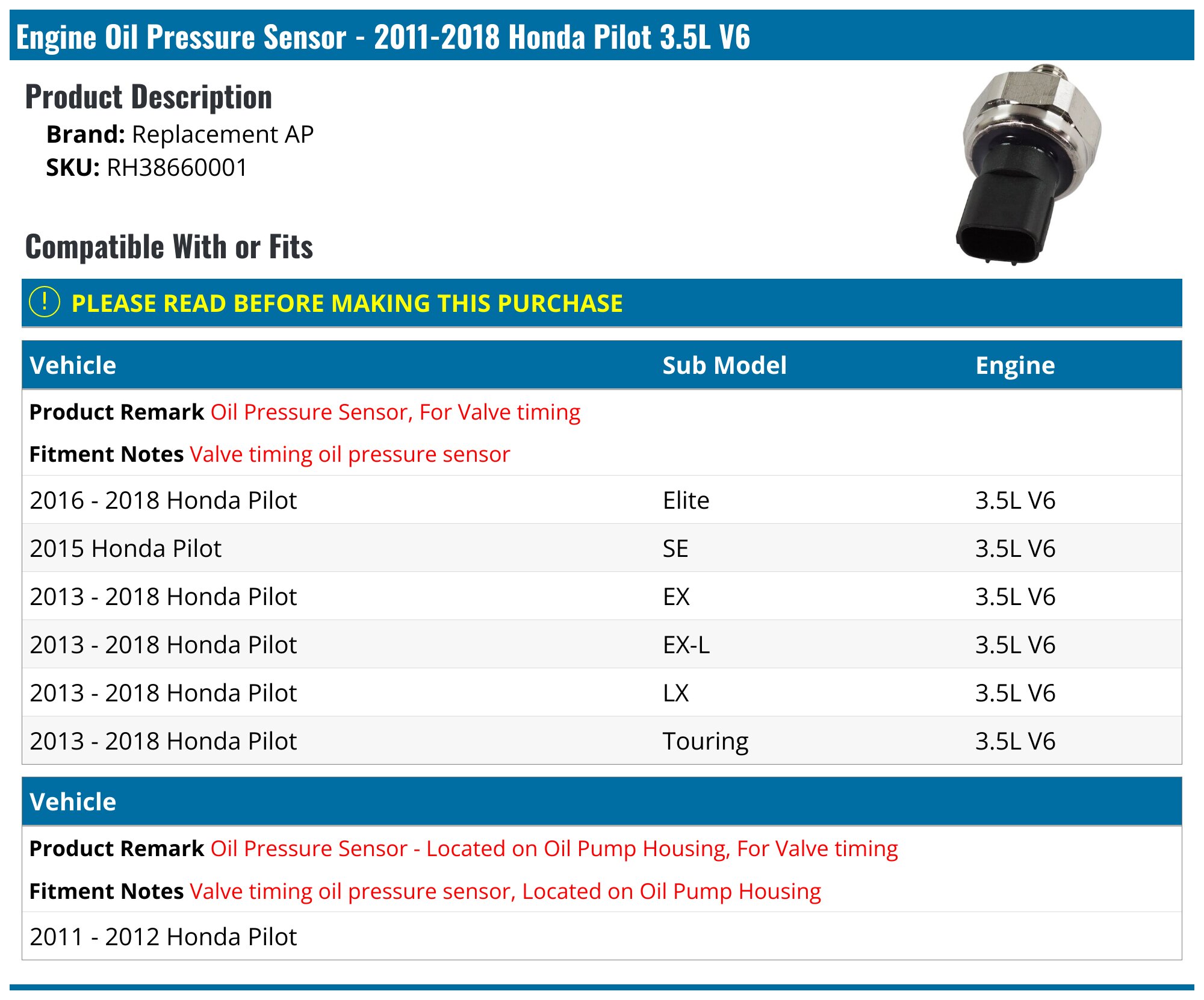 2011 Honda Pilot Oil Pressure Sensor