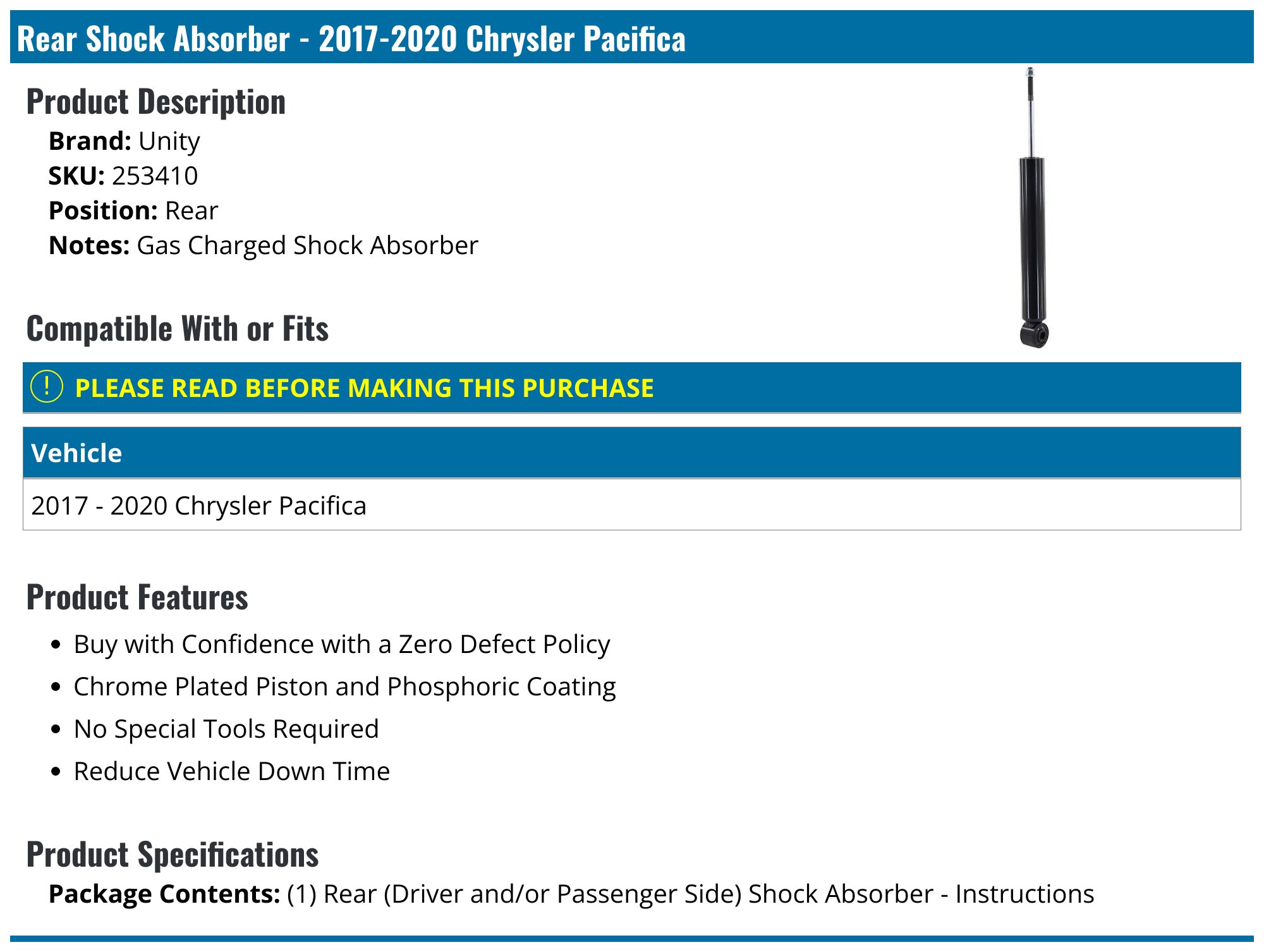 2017-2024 Chrysler Pacifica Shock Absorber - Unity 253410 - Rear ...