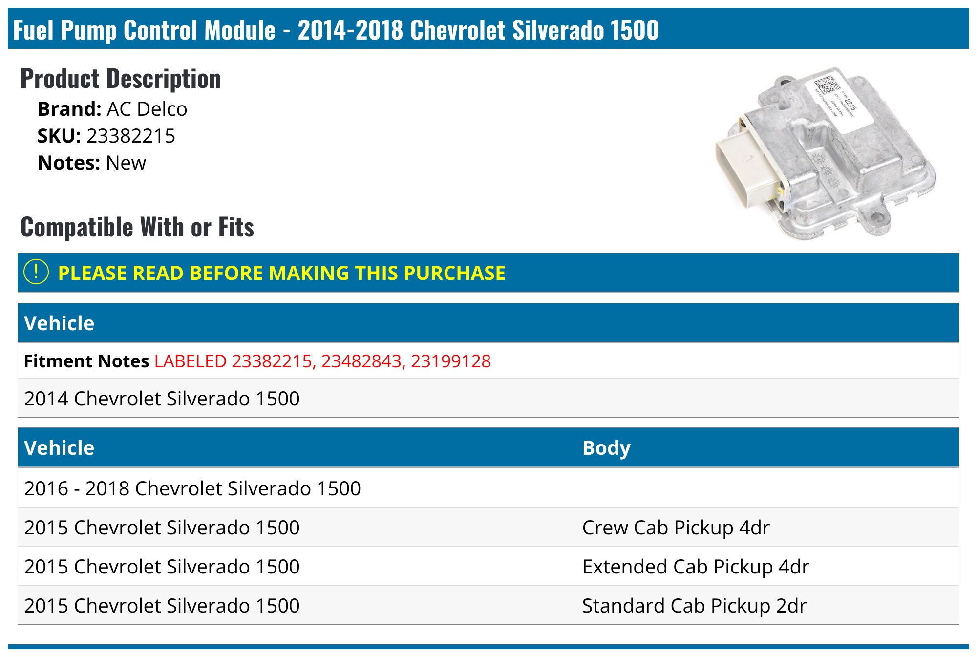 2014-2018 Chevrolet Silverado 1500 Fuel Pump Control Module - AC Delco ...