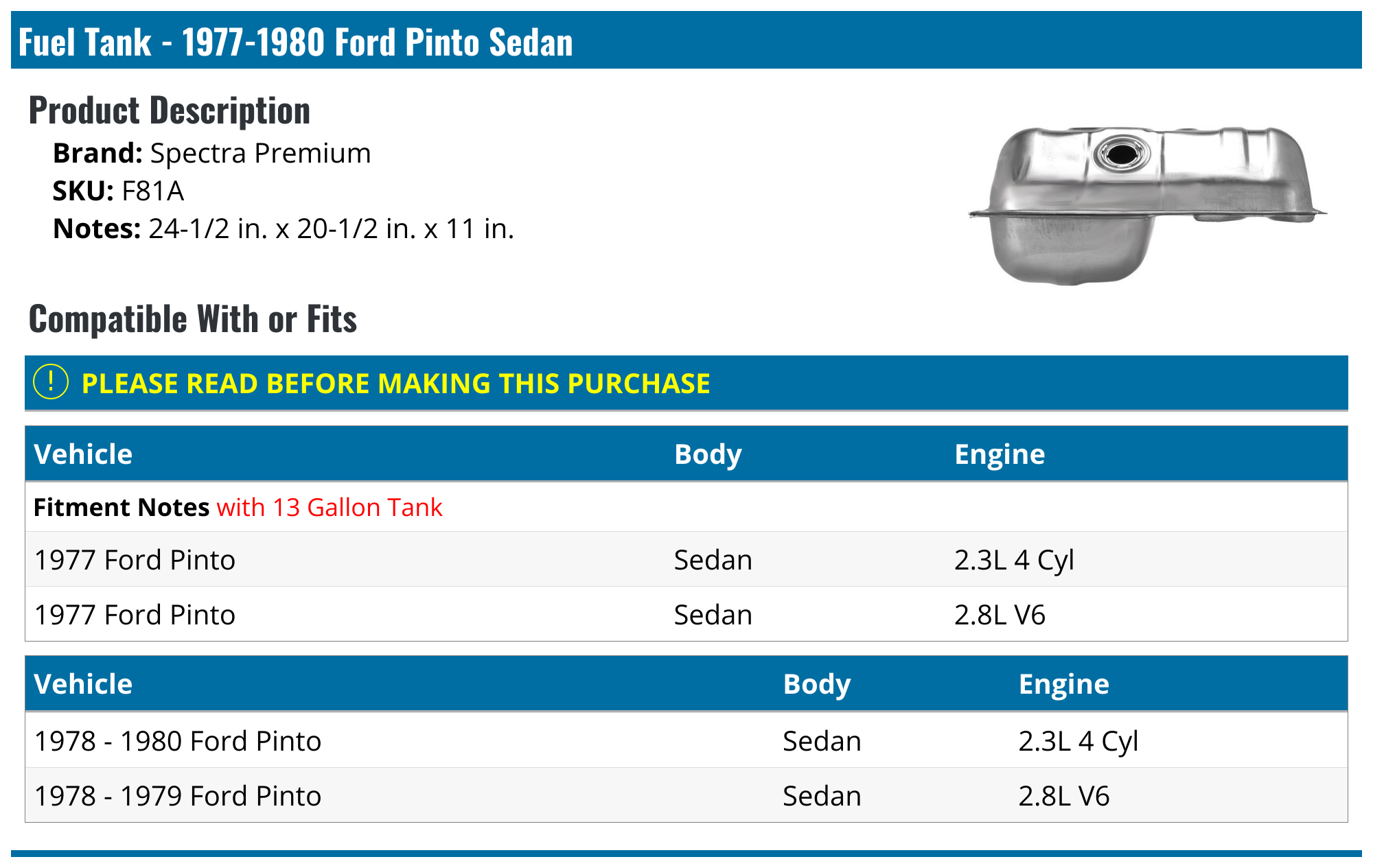 1977-1980 Ford Pinto Fuel Tank - Spectra Premium F81A - PartsGeek.com
