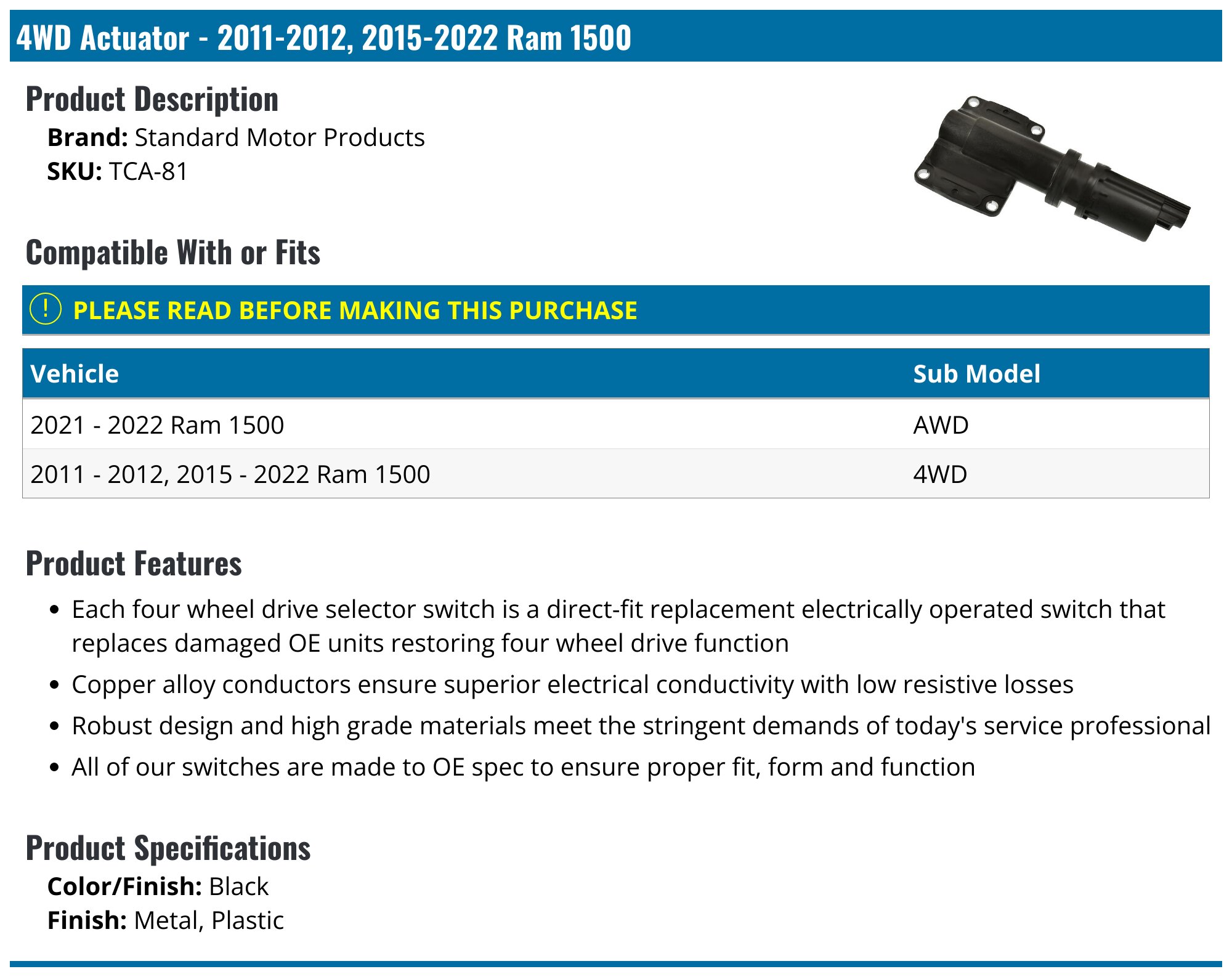 2011-2022 Ram 1500 4WD Actuator - Standard Motor Products TCA-81 ...