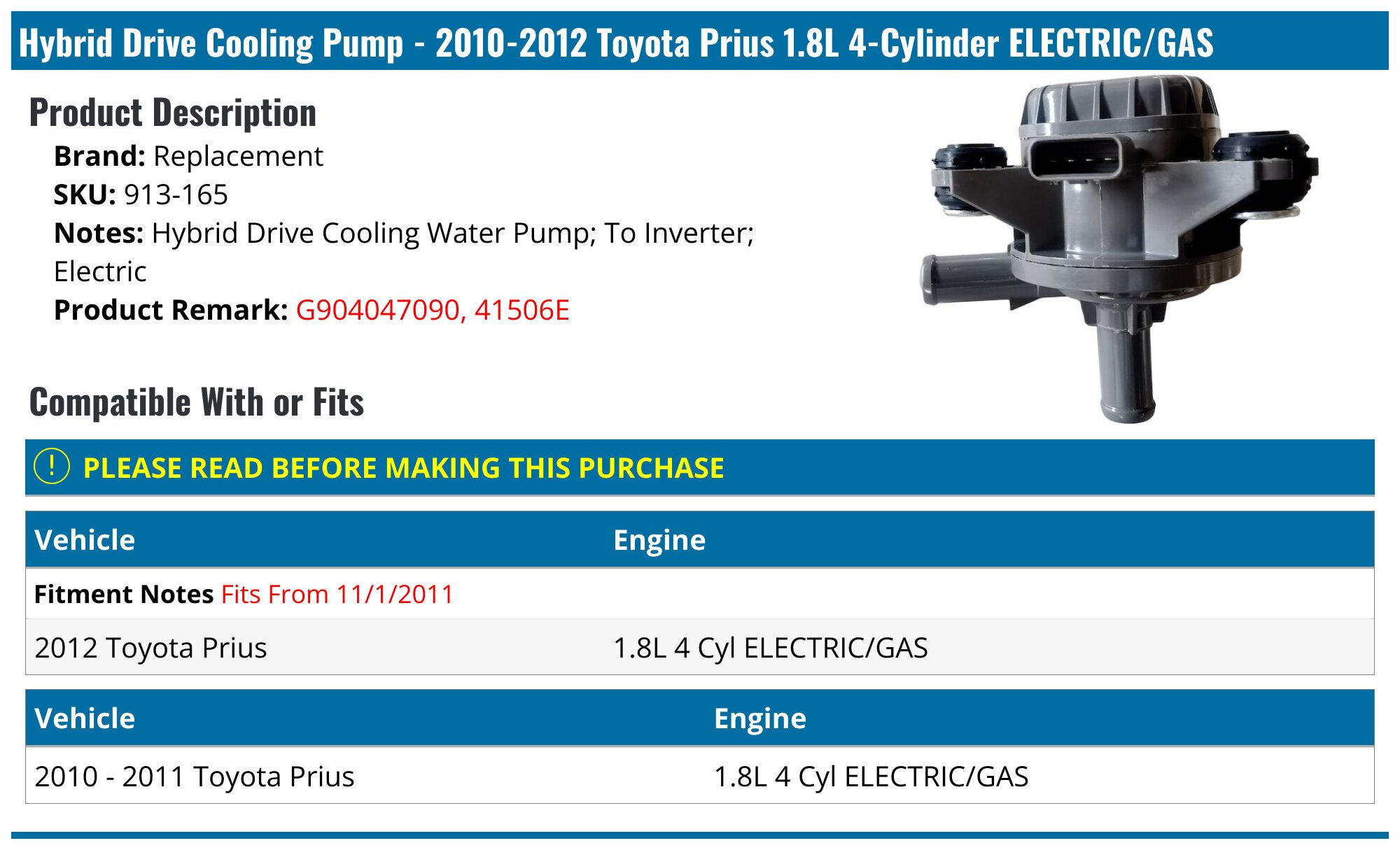 2010-2012 Toyota Prius Hybrid Drive Cooling Pump - Replacement 913-165 ...