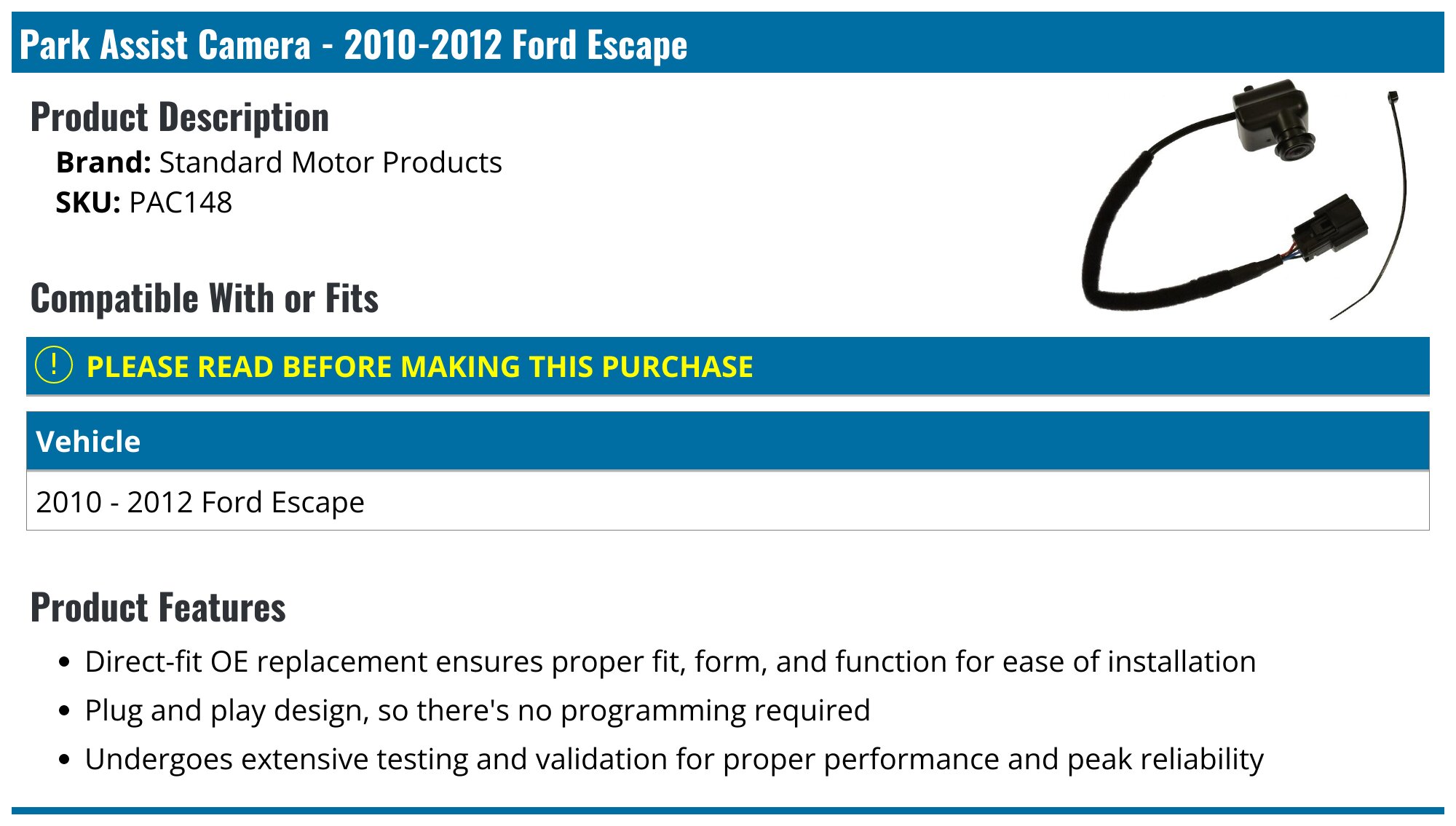 2010-2012 Ford Escape Backup Camera - Standard Motor Products PAC148 ...