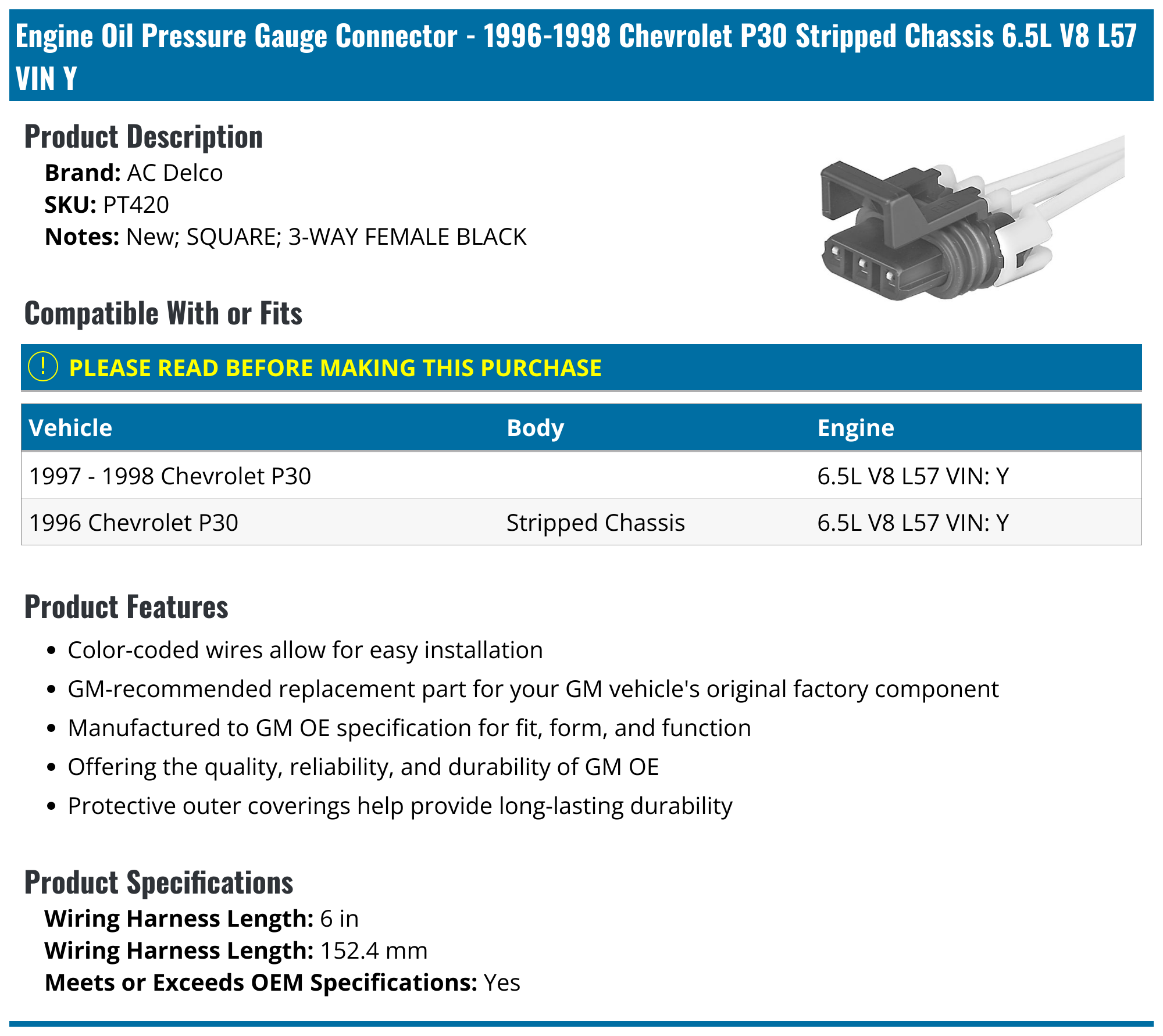 1996-1998 Chevrolet P30 Engine Oil Pressure Gauge Connector - AC Delco ...