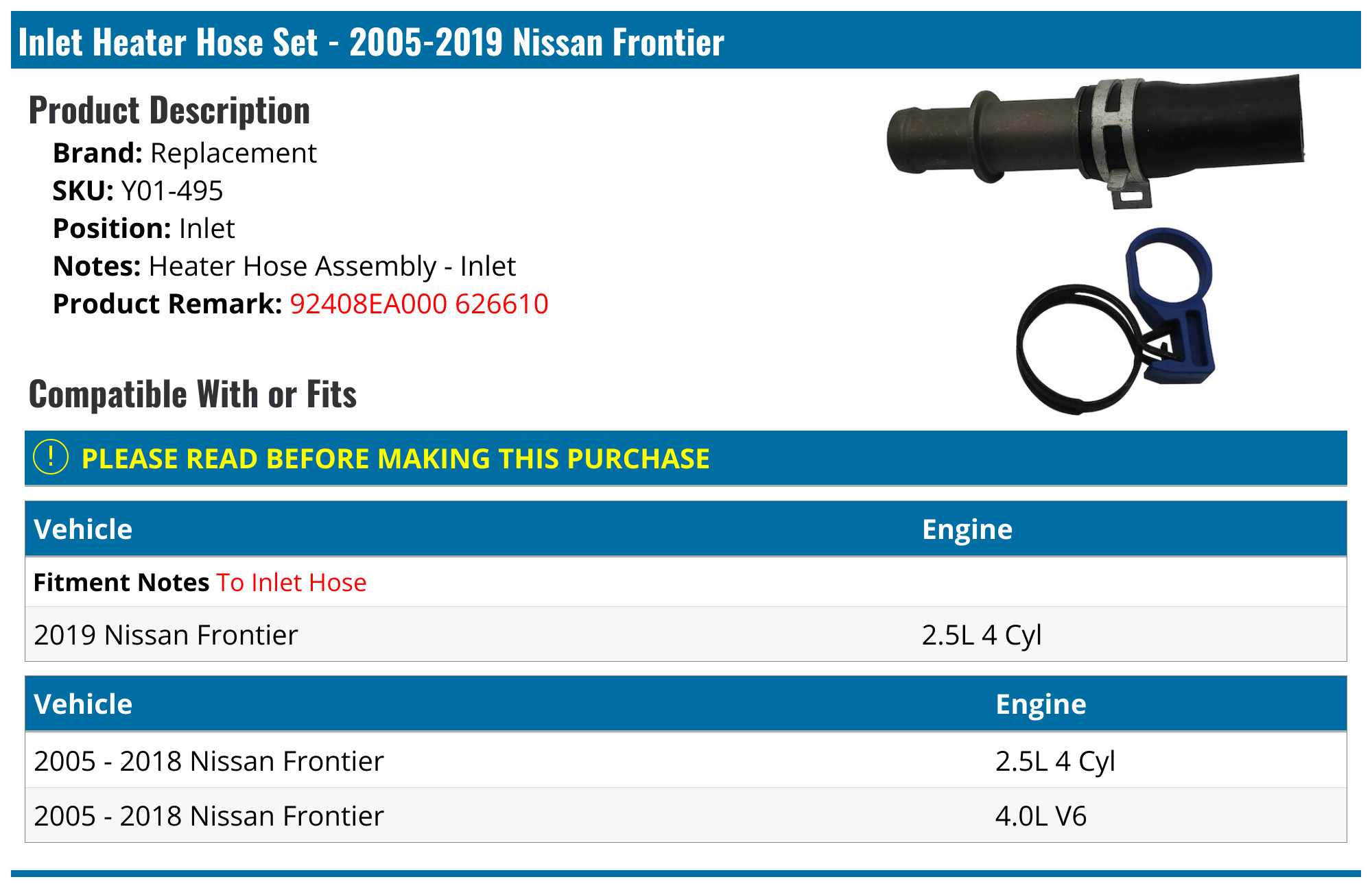 2005-2019 Nissan Frontier Heater Hose - Replacement Y01-495 - Inlet ...