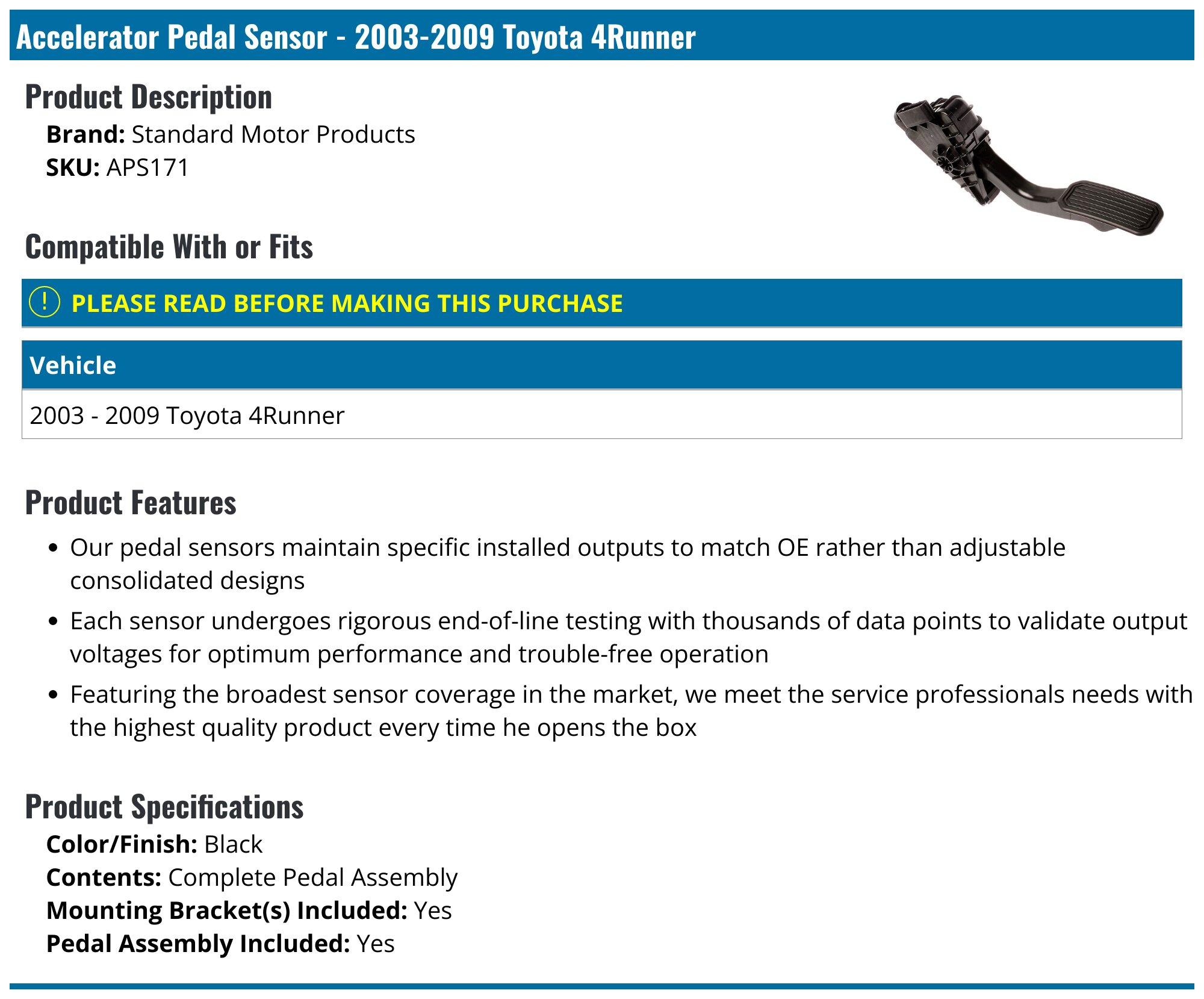 2003-2009 Toyota 4Runner Accelerator Pedal Sensor - Standard Motor ...
