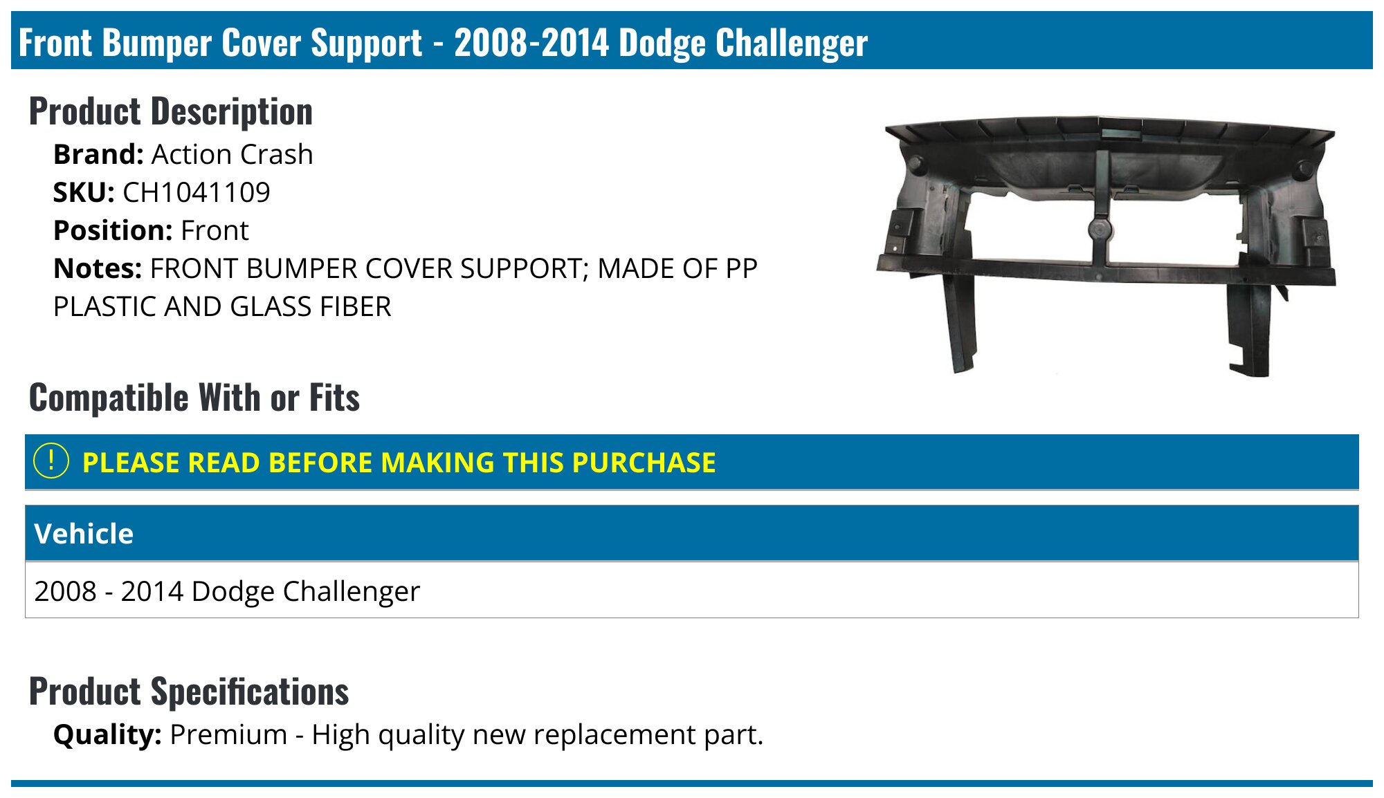 2008-2014 Dodge Challenger Bumper Cover Support - Action Crash ...