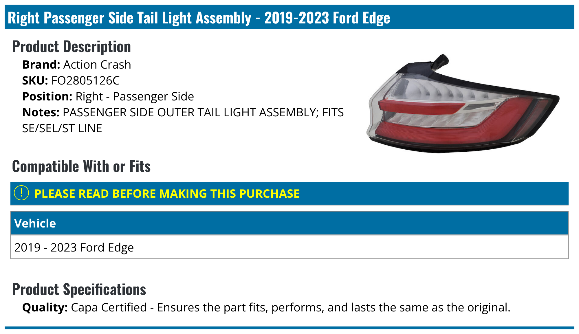 2019-2024 Ford Edge Tail Light Assembly - Action Crash FO2805126C ...