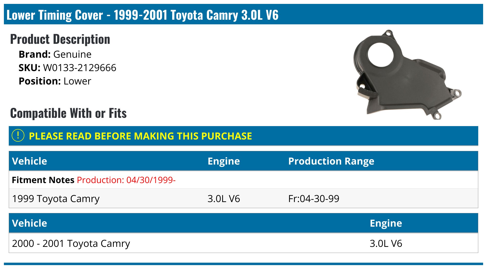 1999-2001 Toyota Camry Timing Cover - Genuine W0133-2129666 - PartsGeek.com