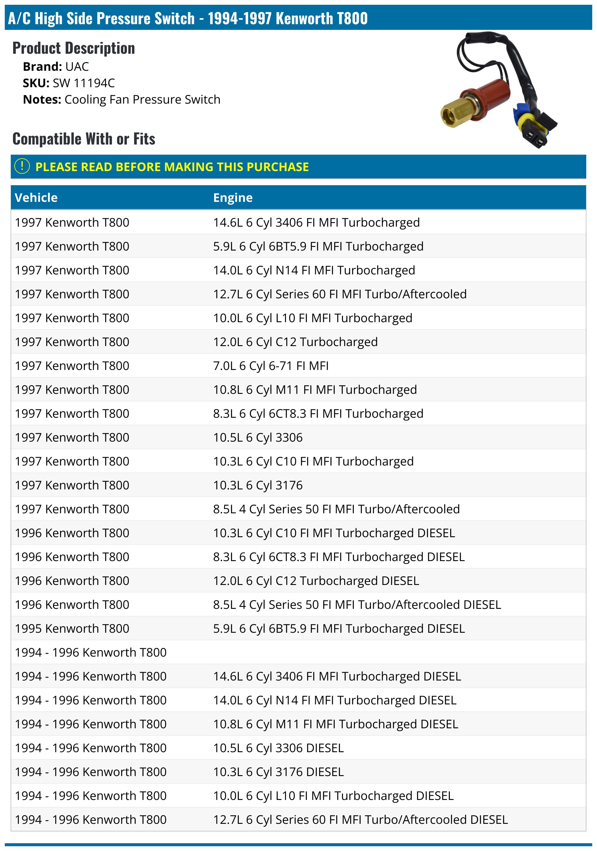 1994-1997 Kenworth T800 A/C High Side Pressure Switch - UAC SW 11194C ...