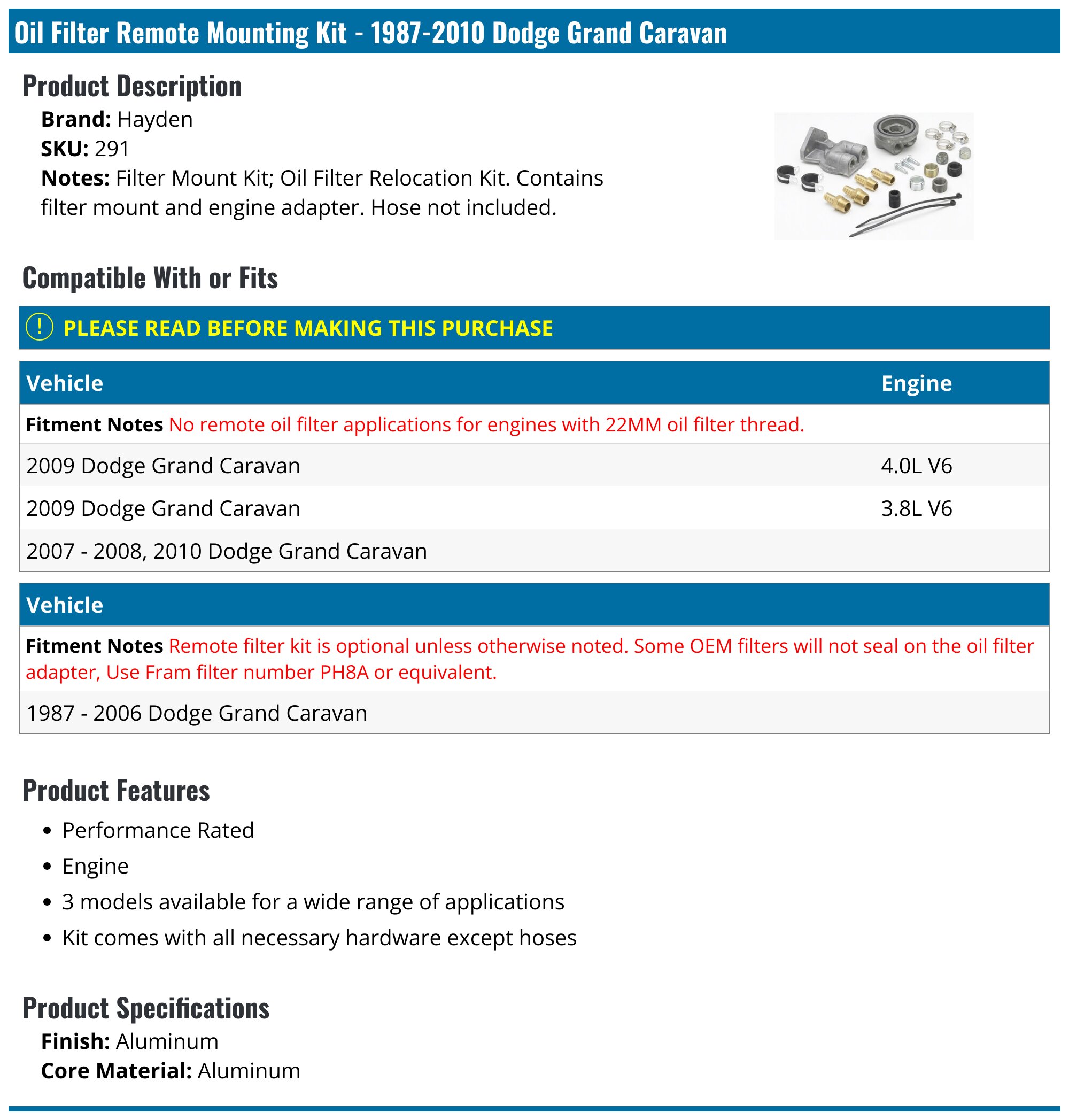 1987-2010 Dodge Grand Caravan Oil Filter Remote Mounting Kit - Hayden ...