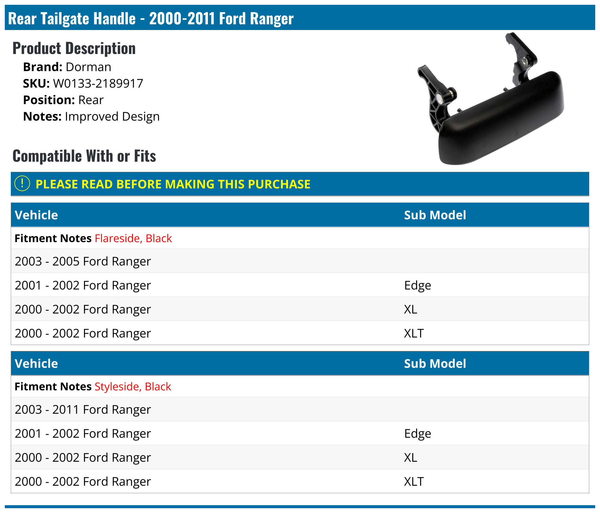 2000-2011 Ford Ranger Tailgate Handle - Dorman W0133-2189917 - Rear ...