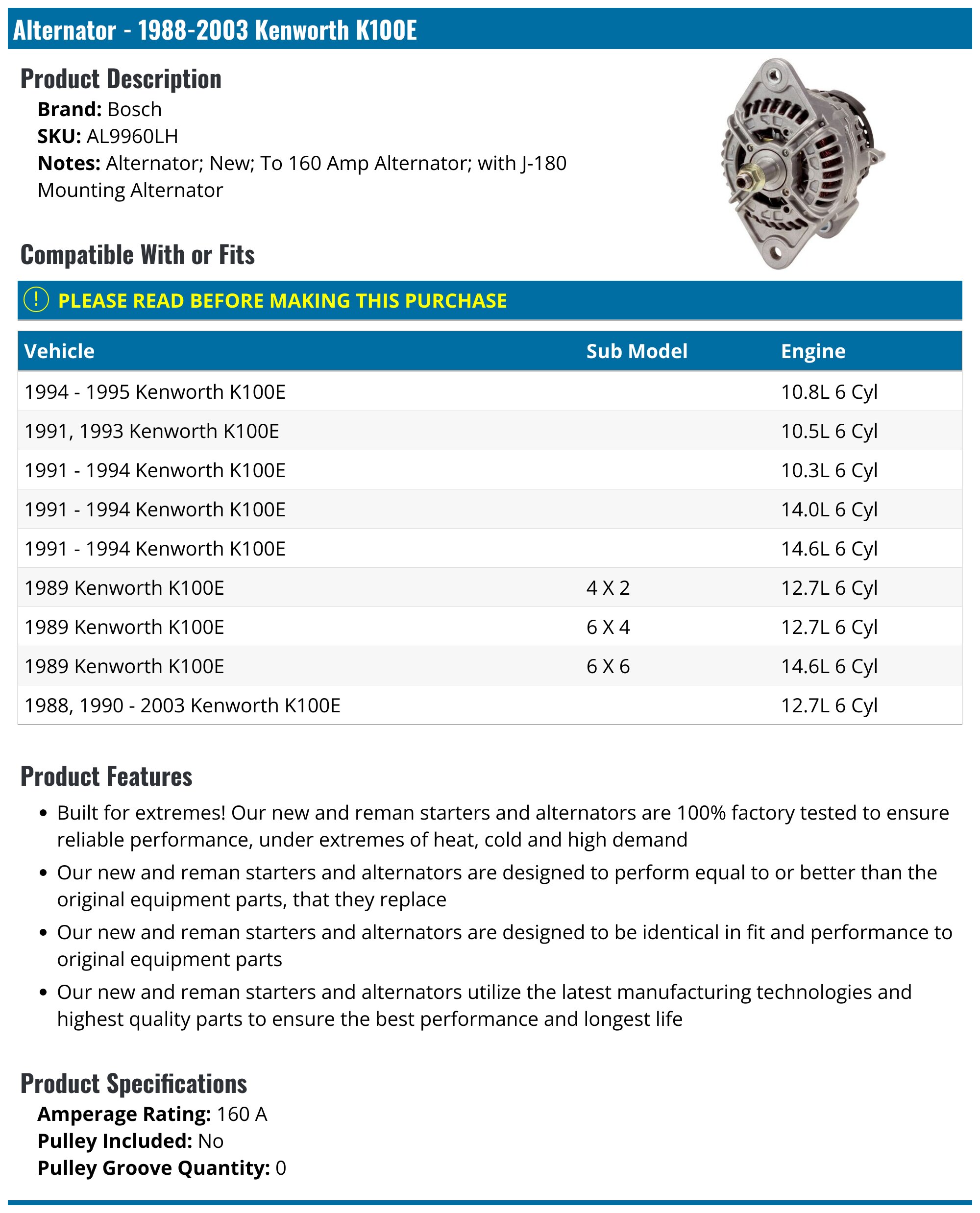 1988-2003 Kenworth K100E Alternator - Bosch AL9960LH - PartsGeek.com