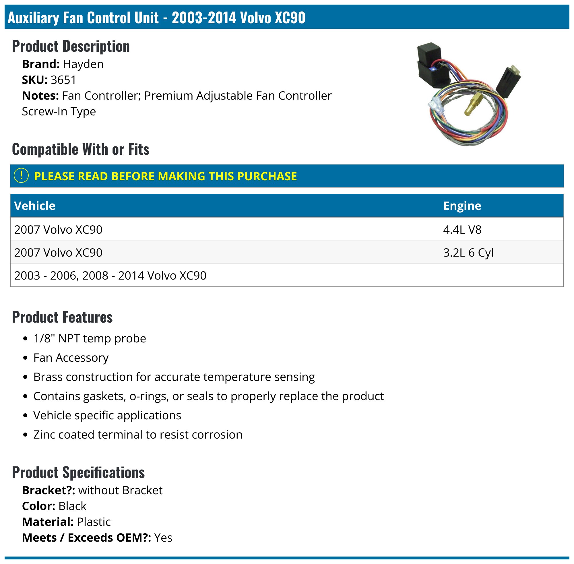 2003-2014 Volvo XC90 Auxiliary Fan Control Unit - Hayden 3651 ...