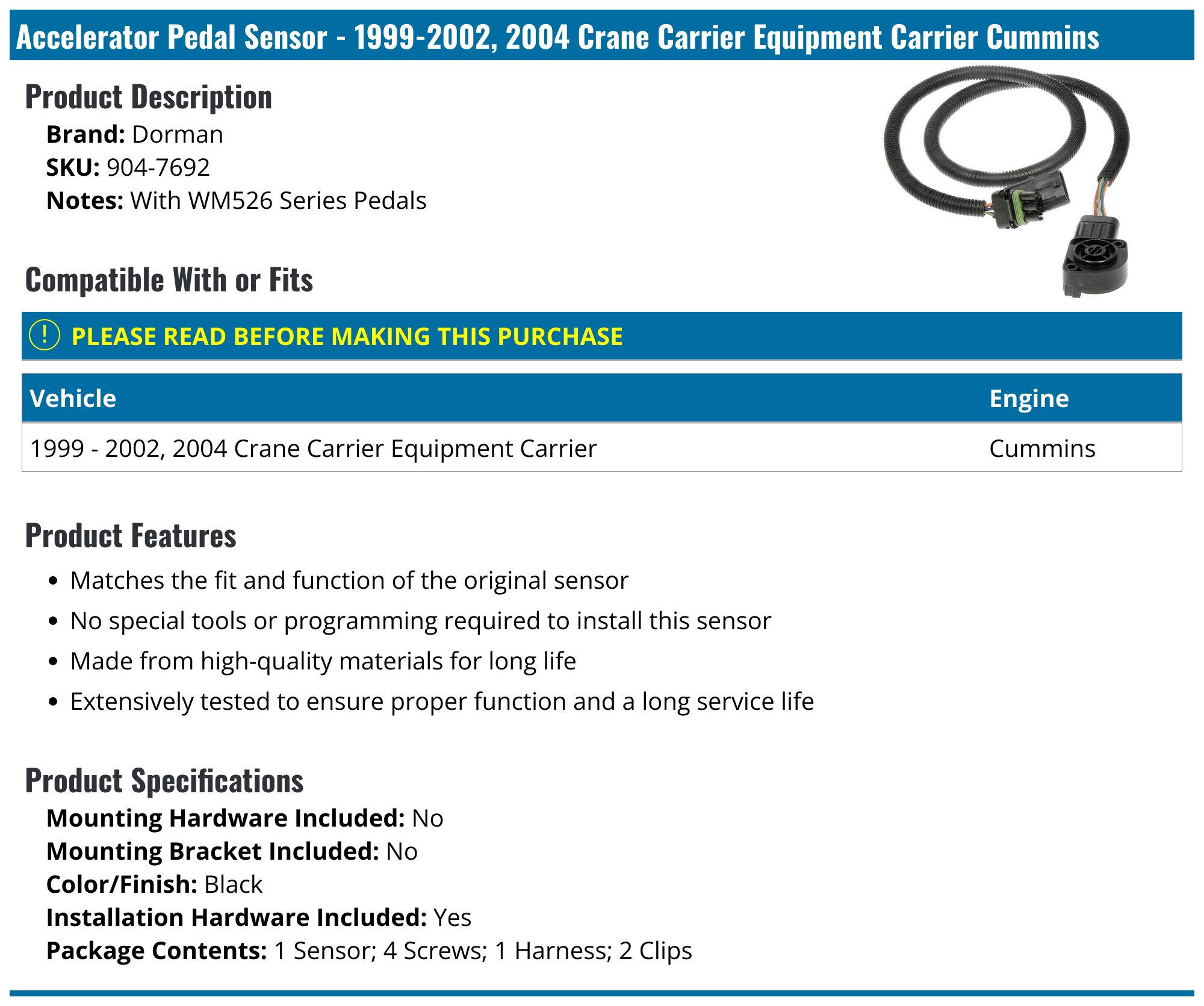 1999-2002, 2004 Crane Carrier Equipment Carrier Accelerator Pedal ...