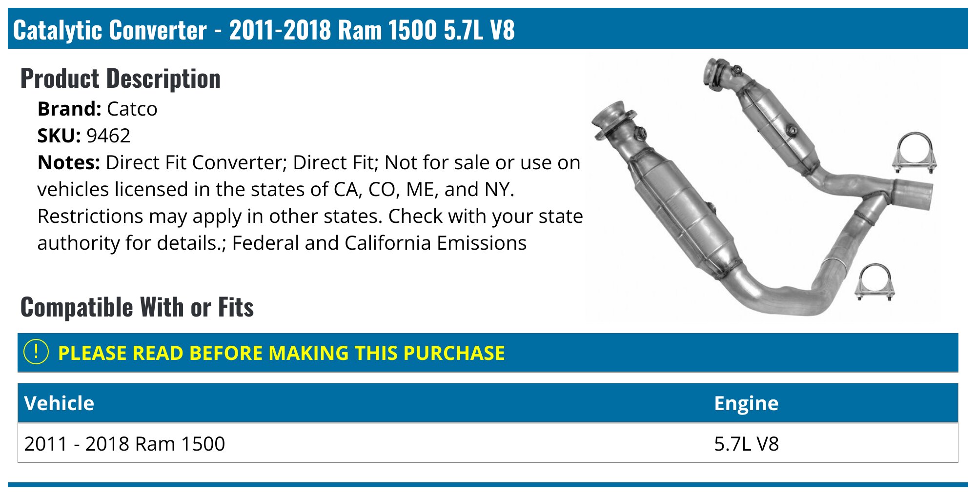2011-2018 Ram 1500 Catalytic Converter - Catco 9462 - PartsGeek.com