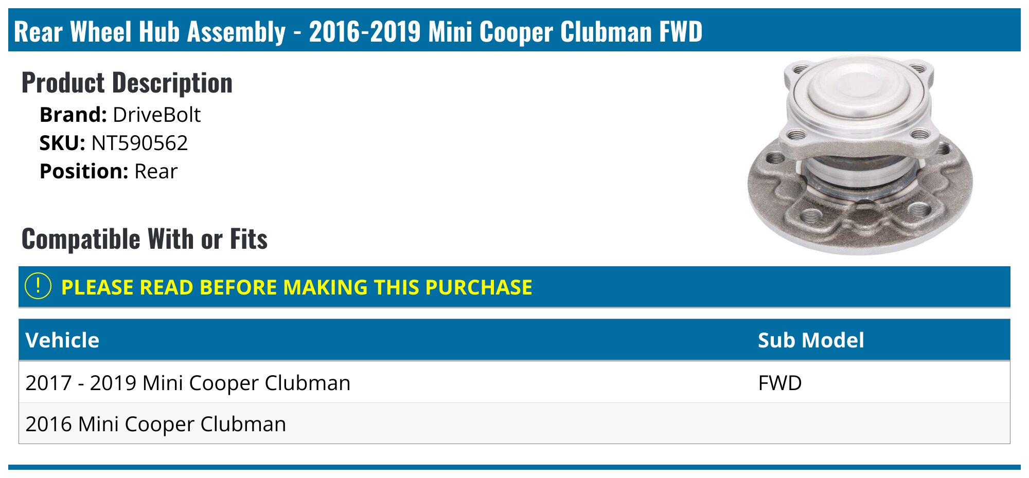 2016-2019 Mini Cooper Clubman Wheel Hub Assembly - DriveBolt NT590562 ...