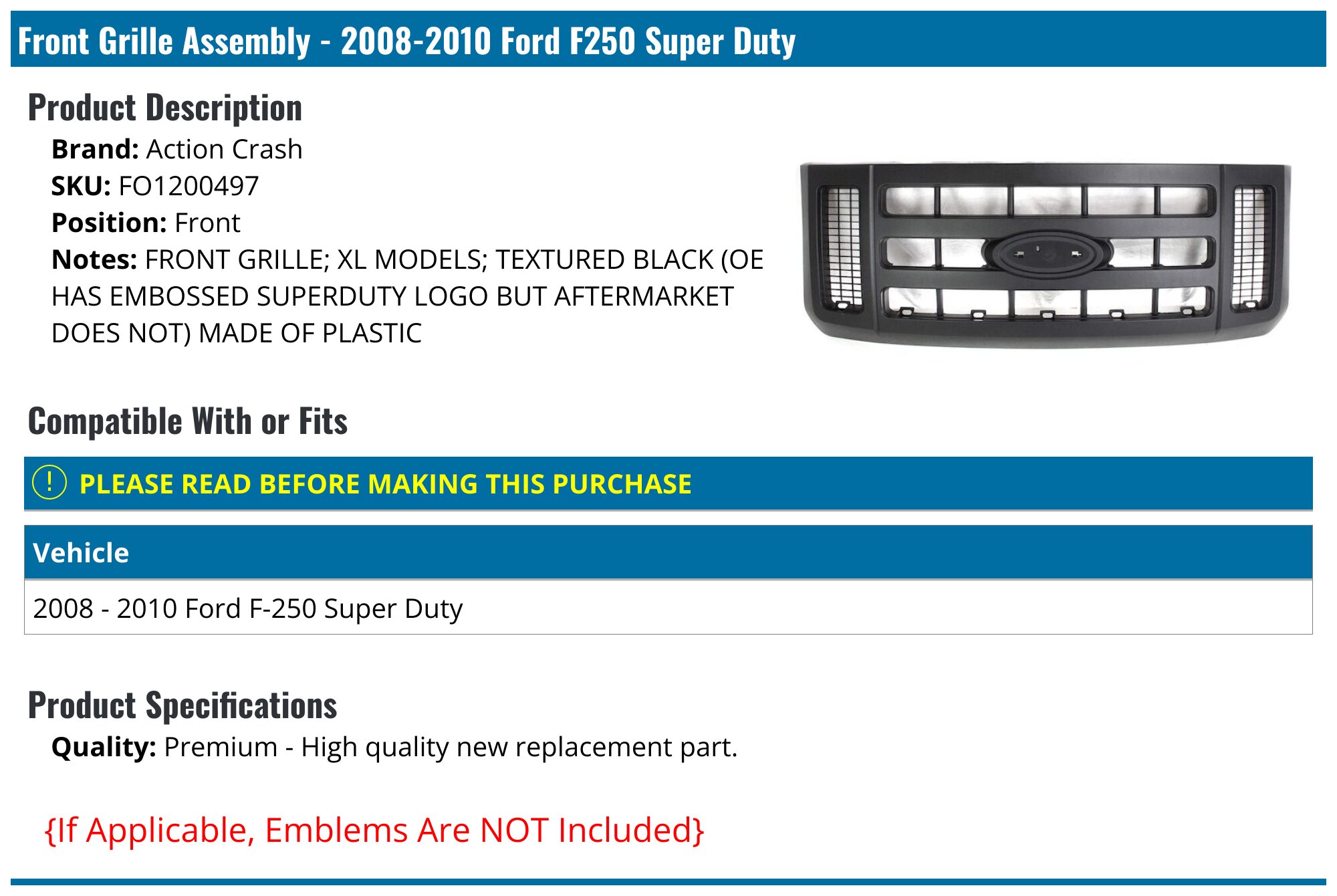 2008-2010 Ford F250 Super Duty Grille Assembly - Action Crash FO1200497 ...
